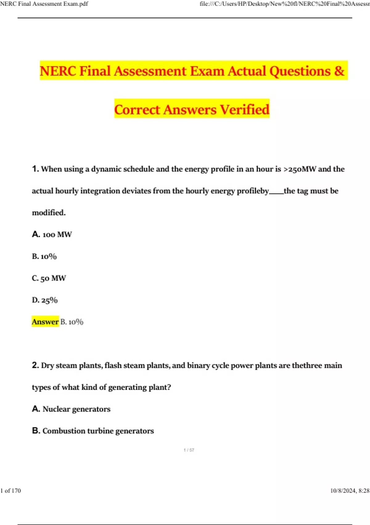 NERC Final Assessment Exam (2024 / 2025) Questions with Verified ...