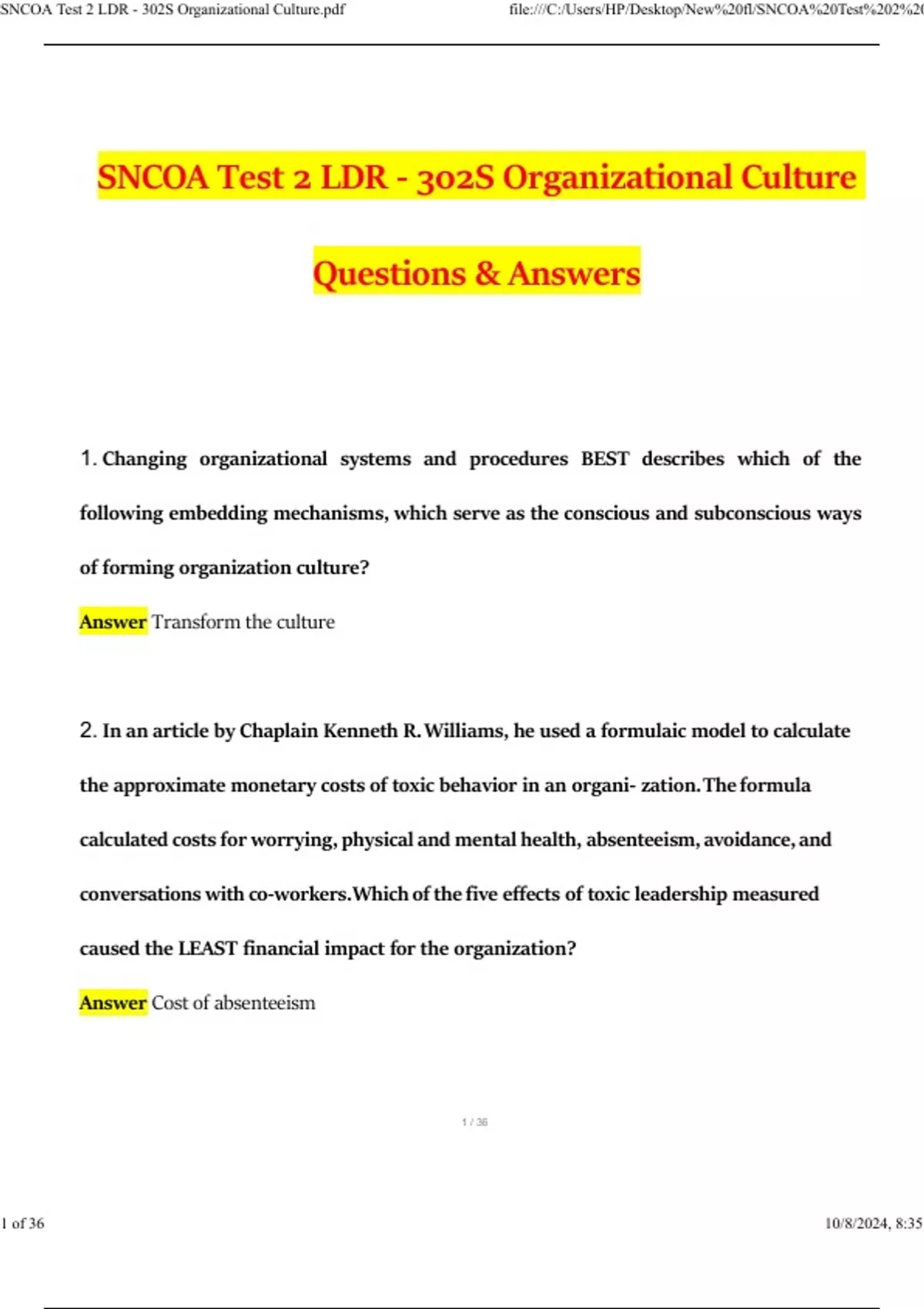 SNCOA Test 2 LDR - 302S Organizational Culture (2024 / 2025) Questions ...