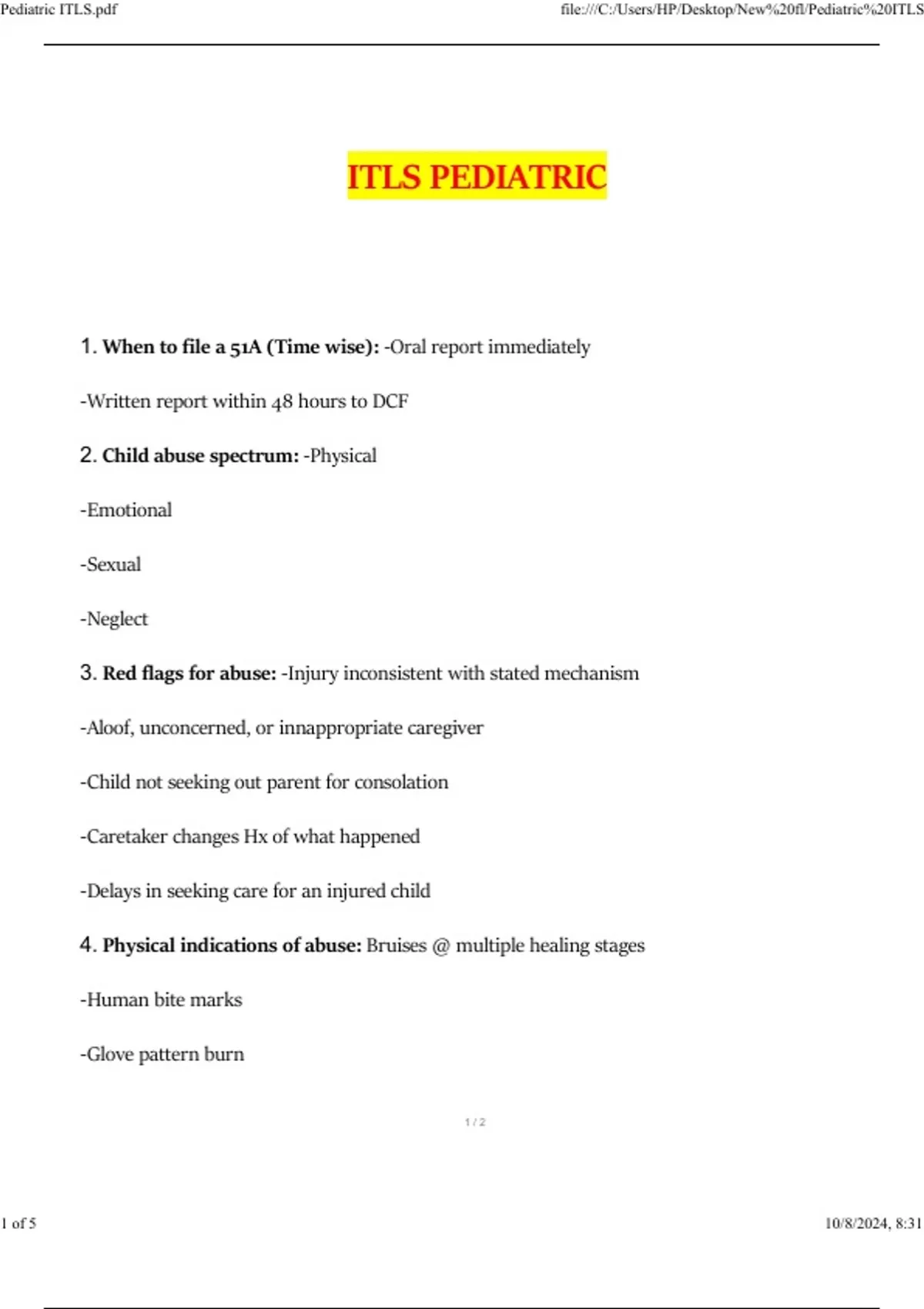 ITLS Pediatric Exam (2024 / 2025) Questions with Verified Answers, 100% ...