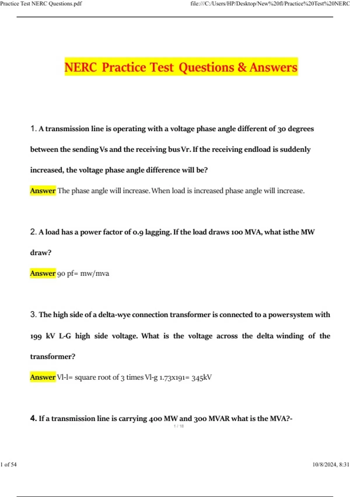 NERC Practice Test (2024 / 2025) Questions with Verified Answers, 100% ...