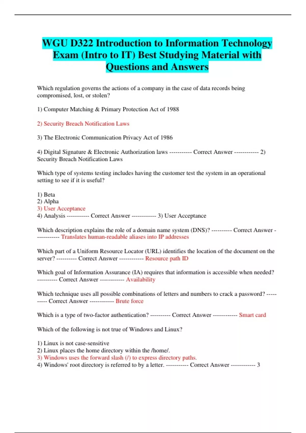 WGU D322 Introduction to Information Technology Exam (Intro to IT) Best ...