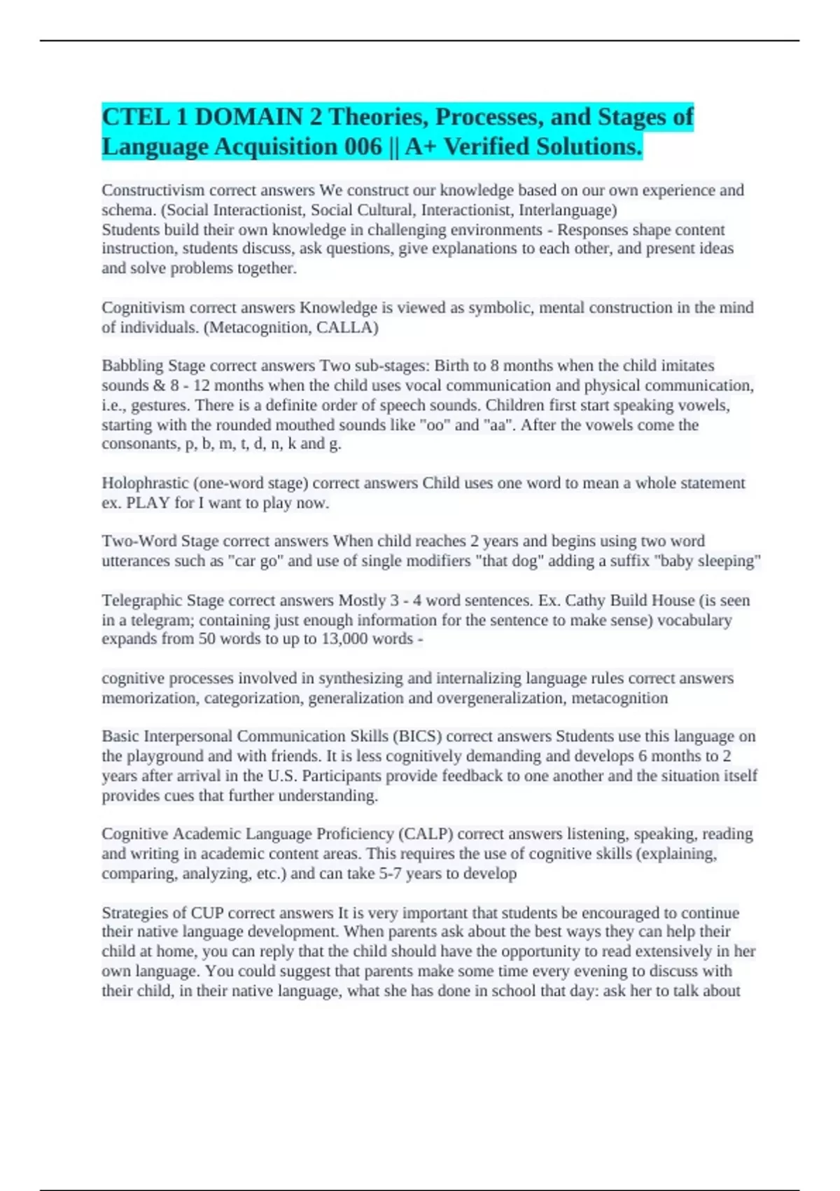 CTEL 1 DOMAIN 2 Theories, Processes, and Stages of Language Acquisition 006 || A+ Verified ...