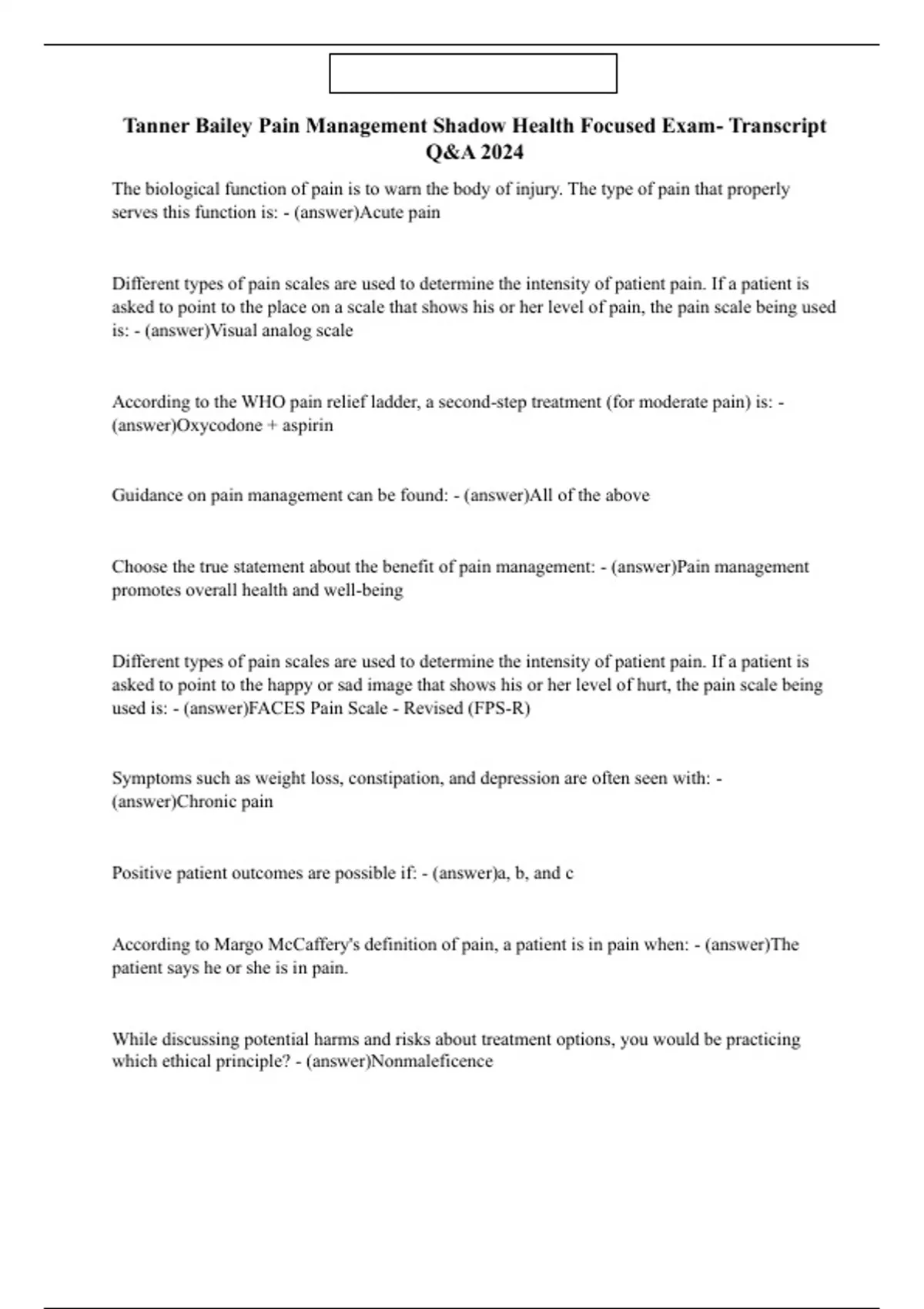 Tanner Bailey Pain Management Shadow Health Focused Exam- Transcript Q ...