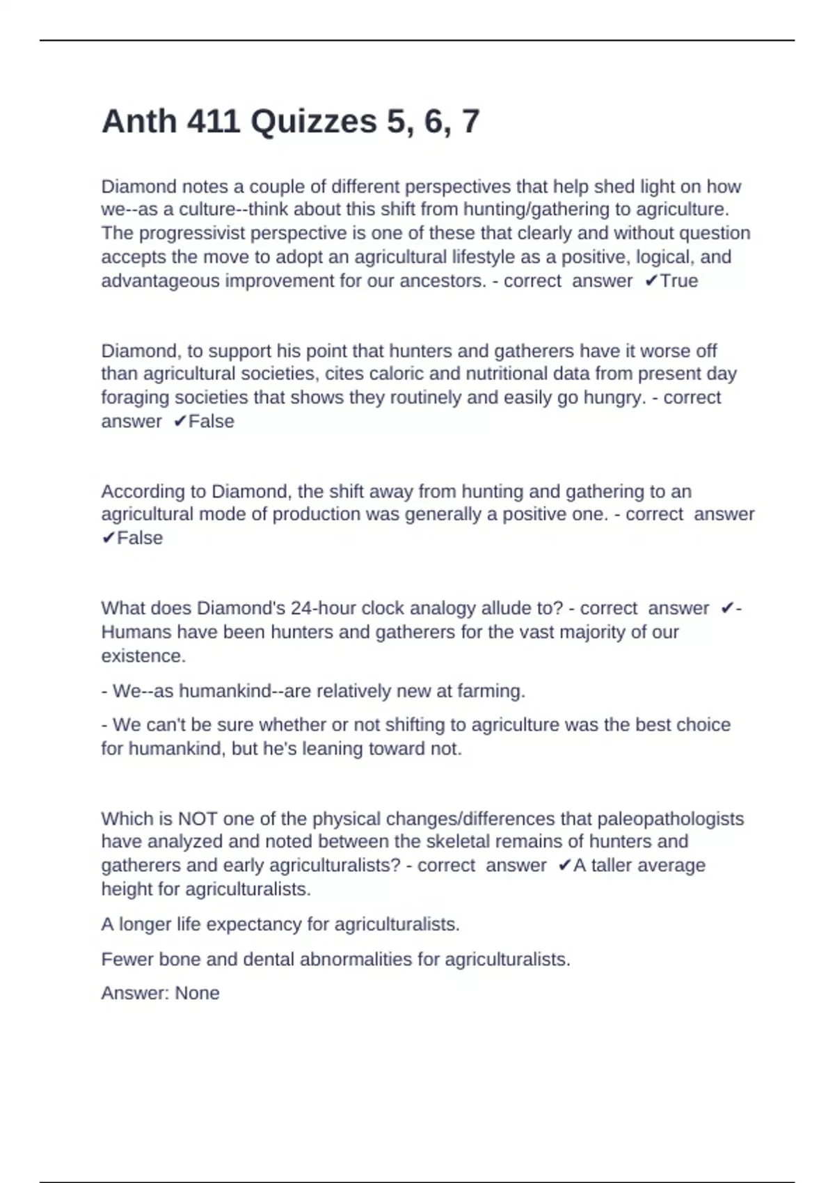 Anth 411 Quizzes 5 Question and answers correctly solved 2024/2025 - ANTH 411 - Stuvia US