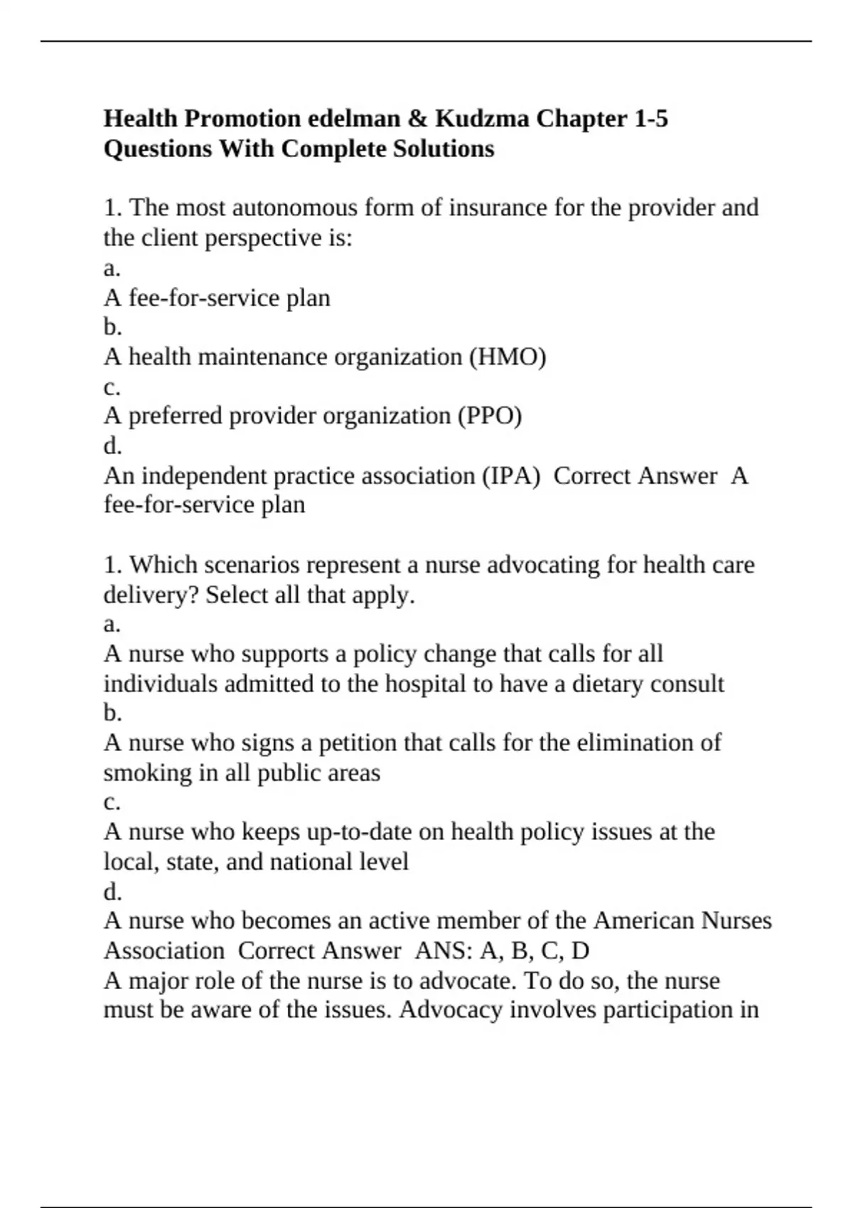 Health Promotion edelman & Kudzma Chapter 1-5 Questions With Complete ...