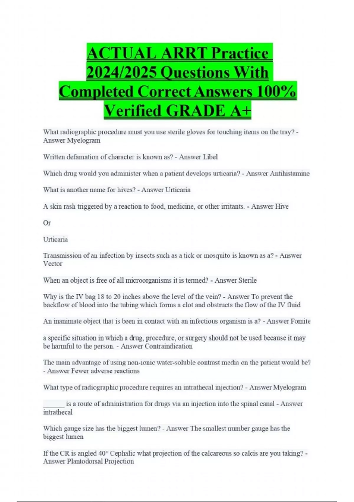 ACTUAL ARRT Practice 2024/2025 Questions With Completed Correct Answers ...