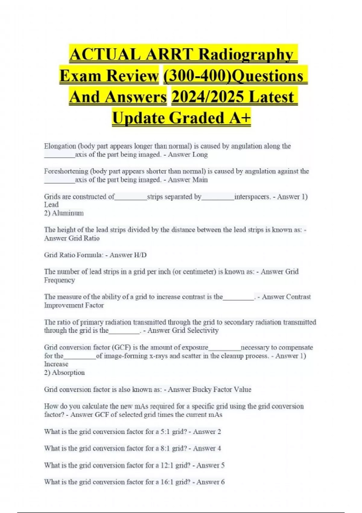 ACTUAL ARRT Radiography Exam Review (300-400)Questions And Answers 2024 ...