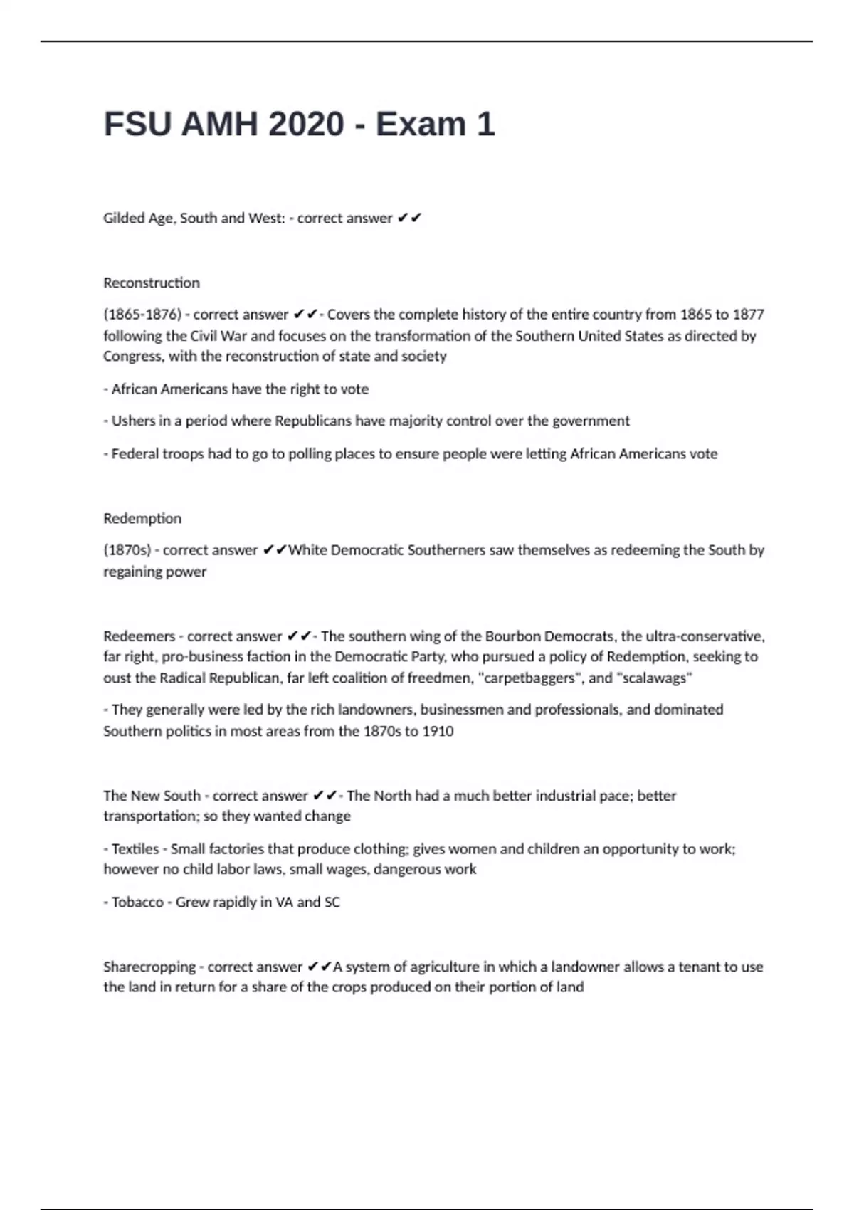 FSU AMH 2020 - Exam 1 questions with verified solutions - AMH2020 ...