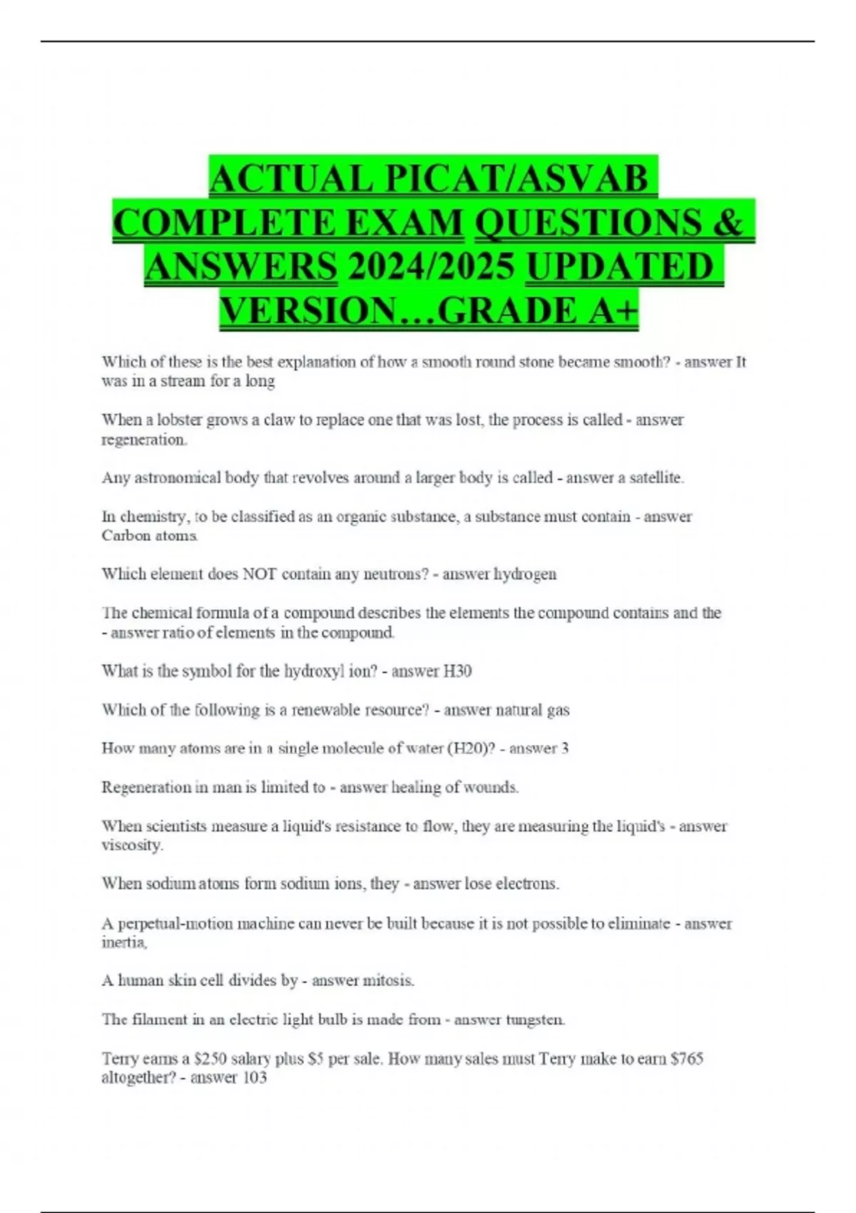 ACTUAL PICAT/ASVAB COMPLETE EXAM QUESTIONS & ANSWERS 2024/2025 UPDATED ...