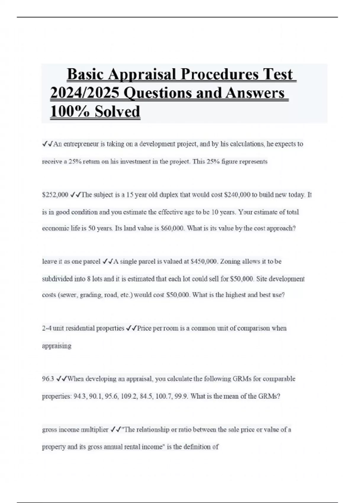 Basic Appraisal Procedures Test 2024/2025 Questions and Answers 100% ...