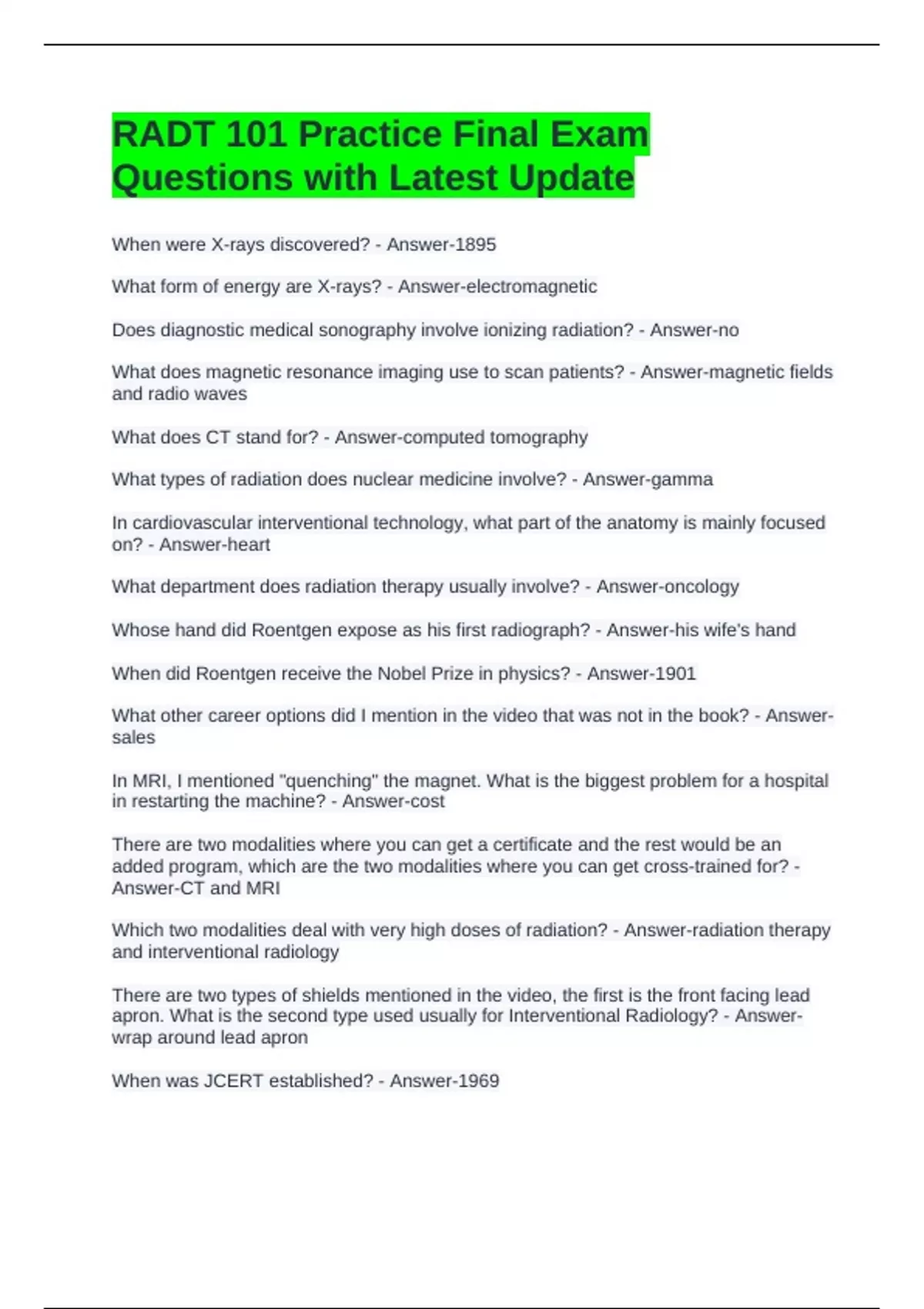 RADT 101 Practice Final Exam Questions with Latest Update - Registered ...