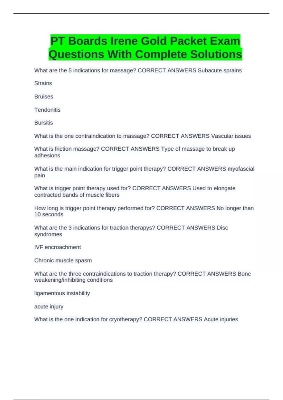 PT Boards Irene Gold Packet Exam Questions With Complete Solutions ...