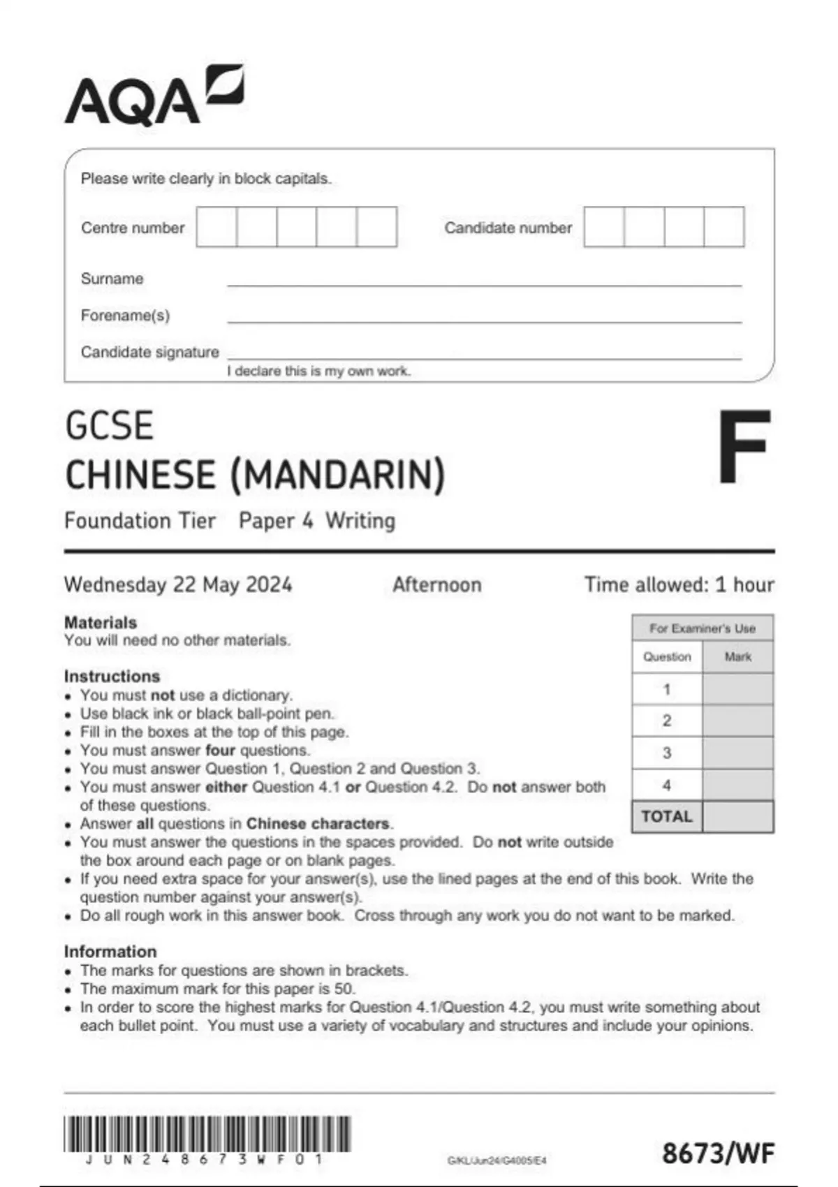 AQA GCSE CHINESE (MANDARIN) 8673/WH Foundation Tier Paper 4 Writing ...
