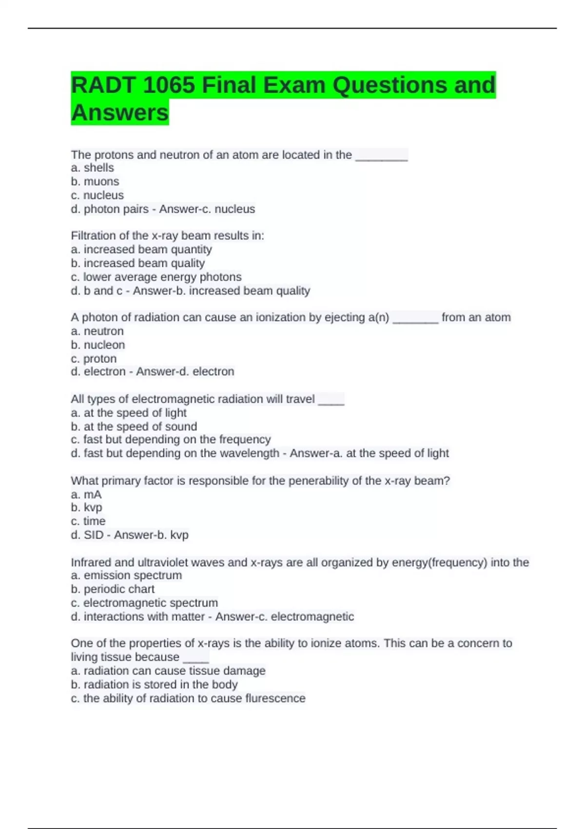 RADT 1065 Final Exam Questions and Answers - Registered Drug And ...