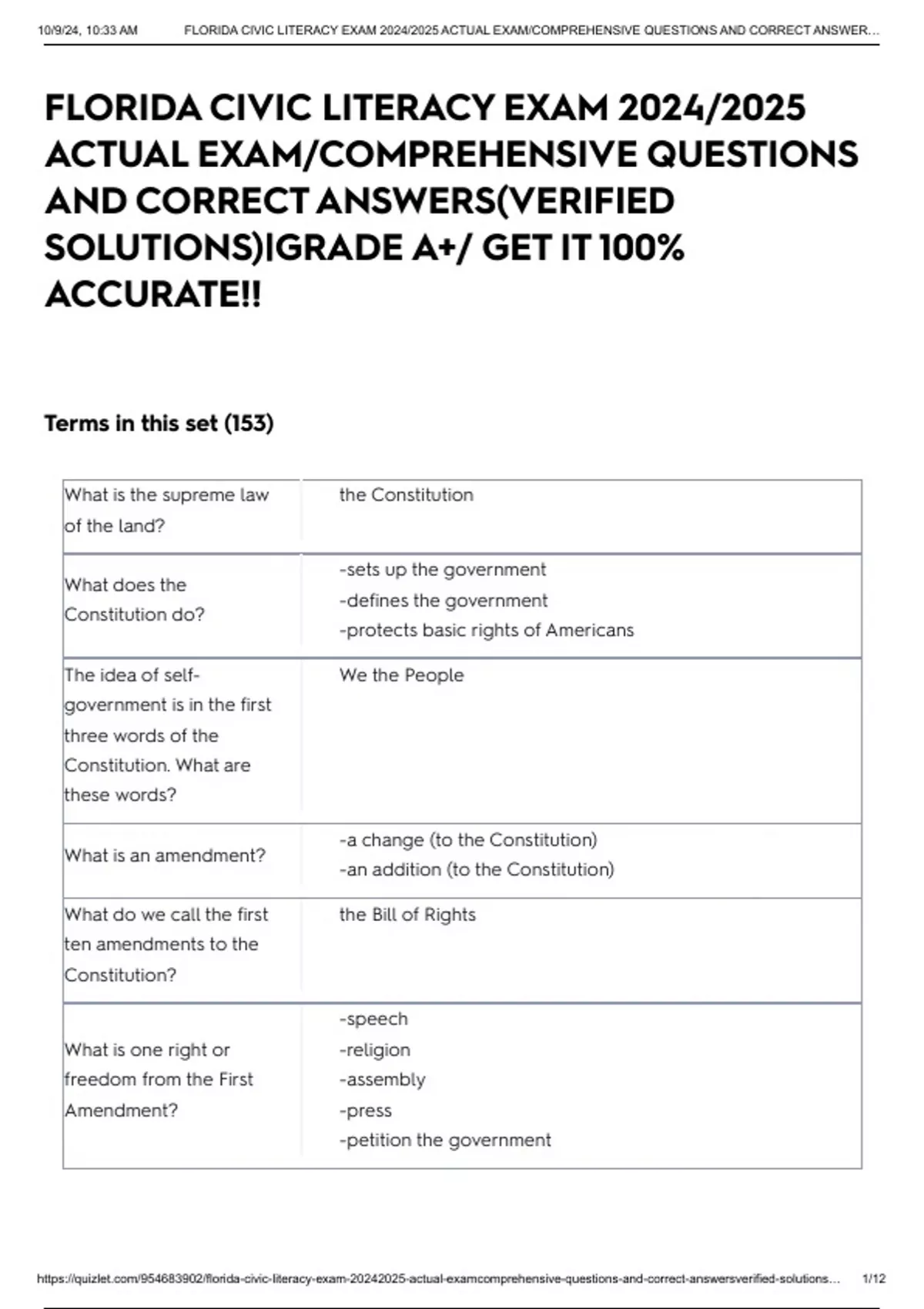FLORIDA CIVIC LITERACY EXAM 2024/2025 ACTUAL EXAM/COMPREHENSIVE ...