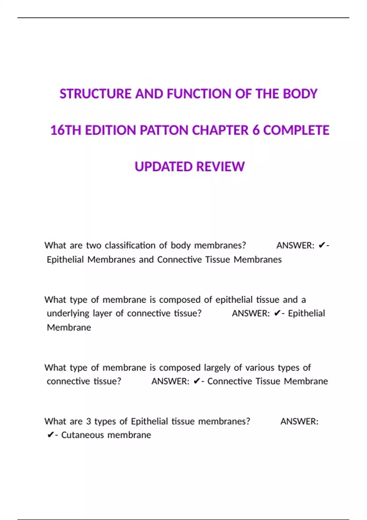 STRUCTURE AND FUNCTION OF THE BODY 16TH EDITION PATTON CHAPTER 6 ...