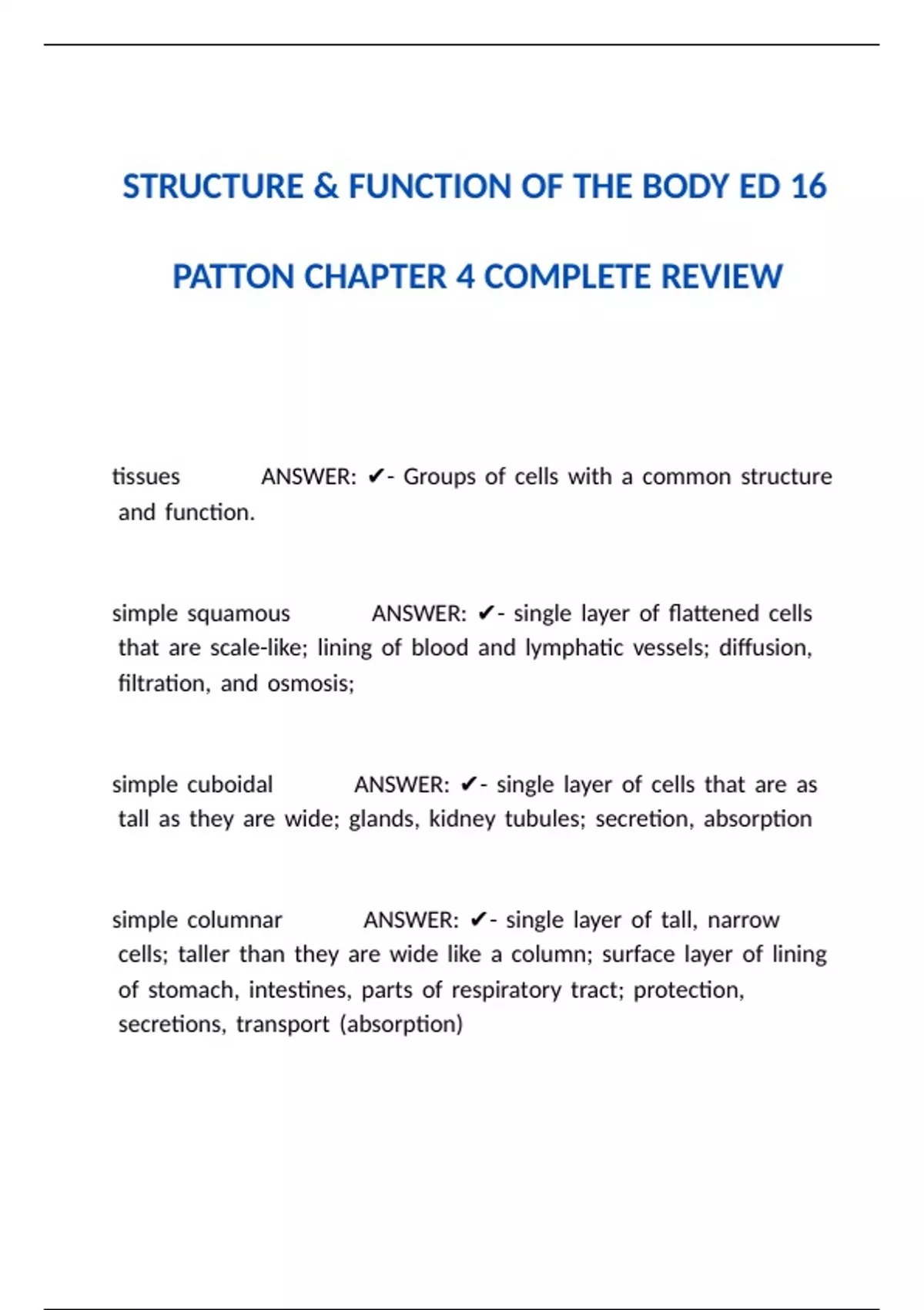 STRUCTURE & FUNCTION OF THE BODY ED 16 PATTON CHAPTER 4 COMPLETE REVIEW ...