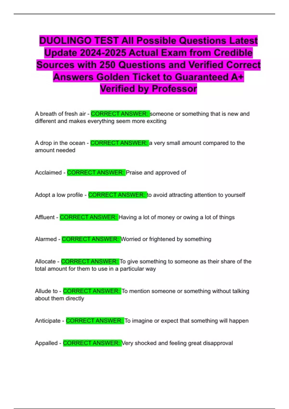 DUOLINGO TEST All Possible Questions Latest Update Actual Exam from ...