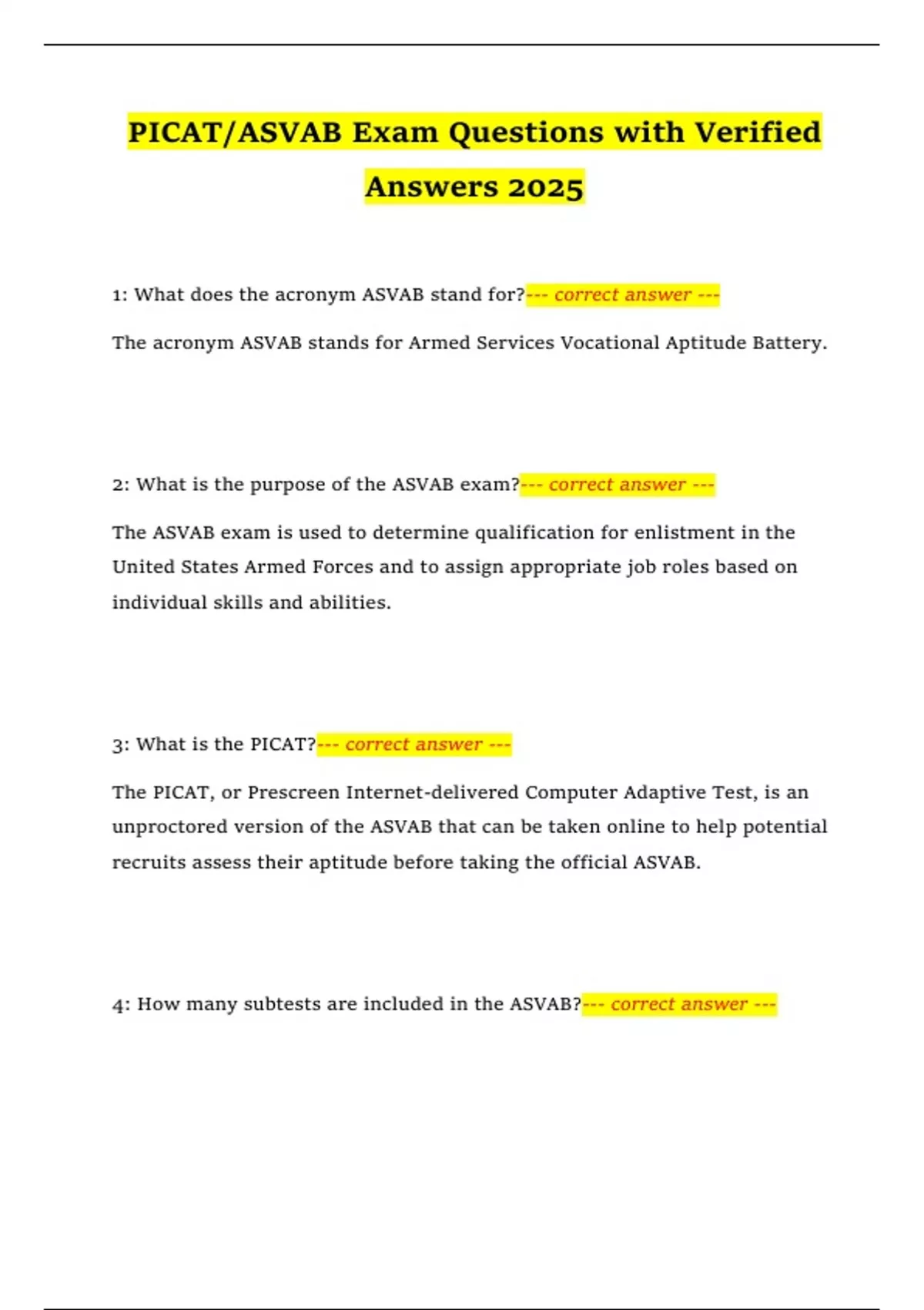 PICAT/ASVAB Exam Questions and Answers 2025 - Picat/asvab - Stuvia US