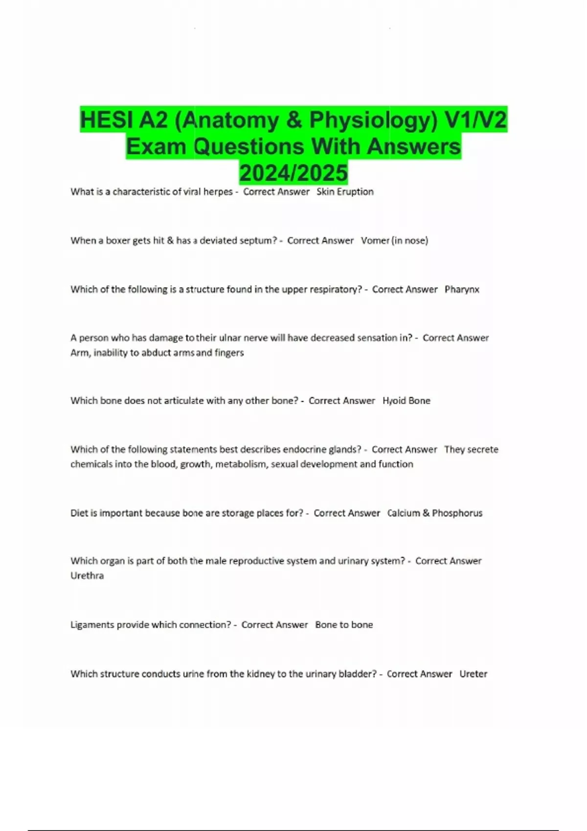 HESI A2 (Anatomy & Physiology) V1/V2 Exam Questions With Answers 2024/ ...