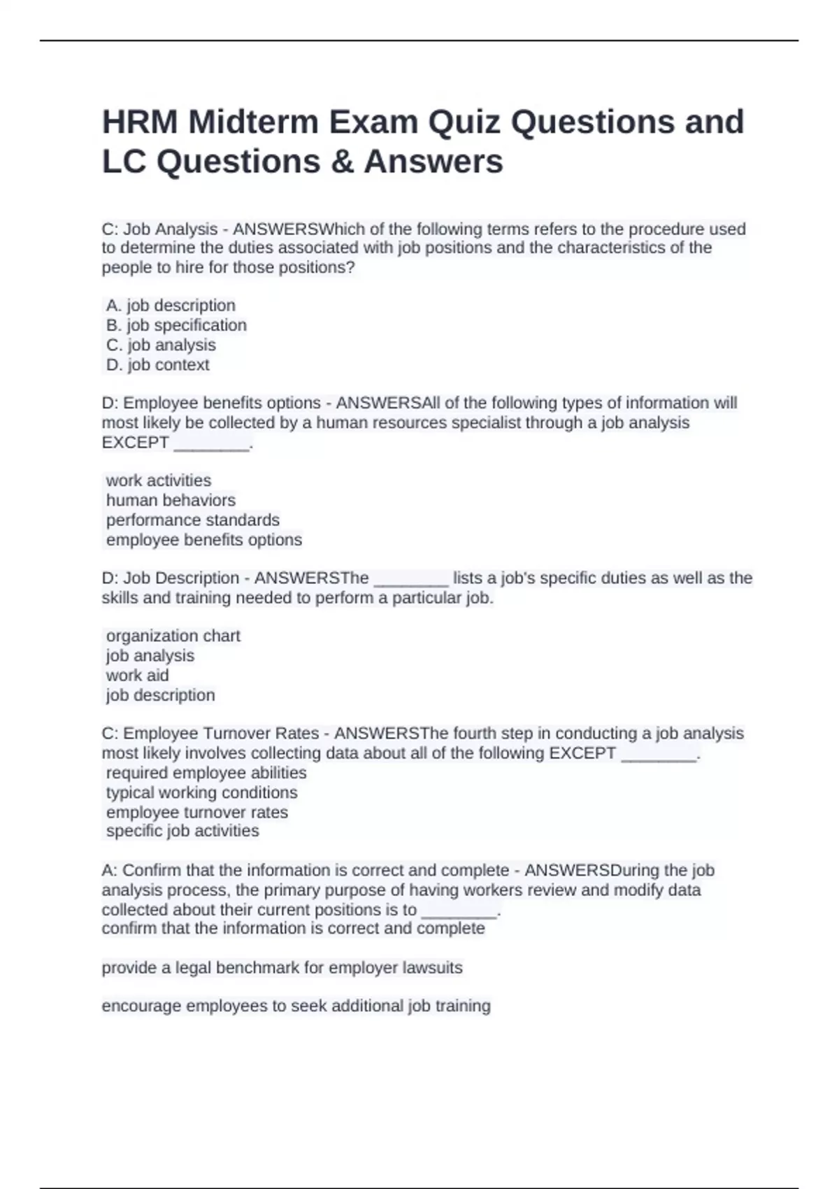 HRM Midterm Exam Quiz Questions and LC Questions & Answers - HRM ...