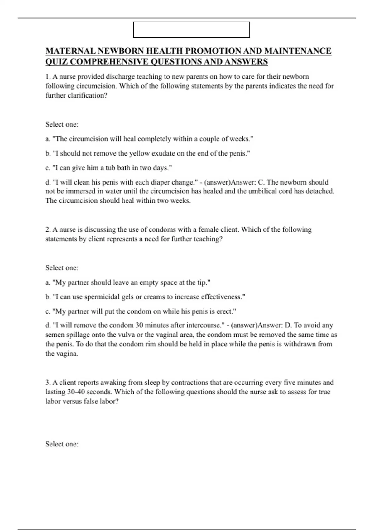 MATERNAL NEWBORN HEALTH PROMOTION AND MAINTENANCE QUIZ COMPREHENSIVE ...