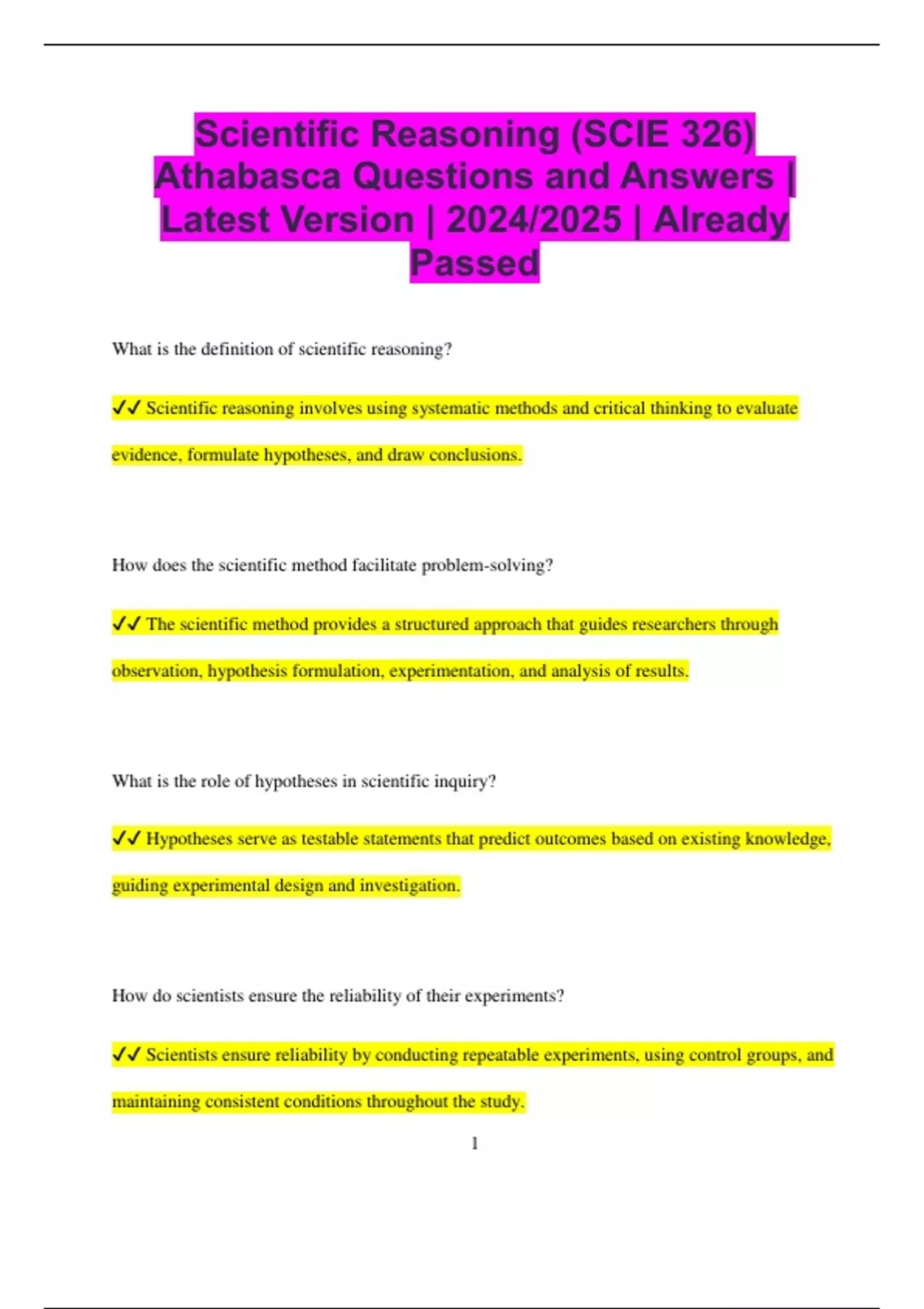 Scientific Reasoning (SCIE 326) Athabasca Questions and Answers ...