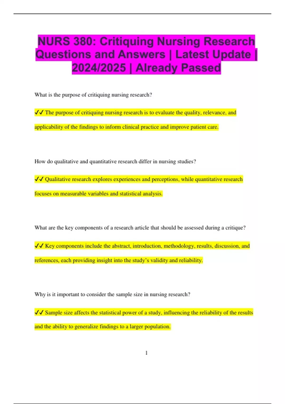 NURS 380: Critiquing Nursing Research Questions and Answers | Latest ...