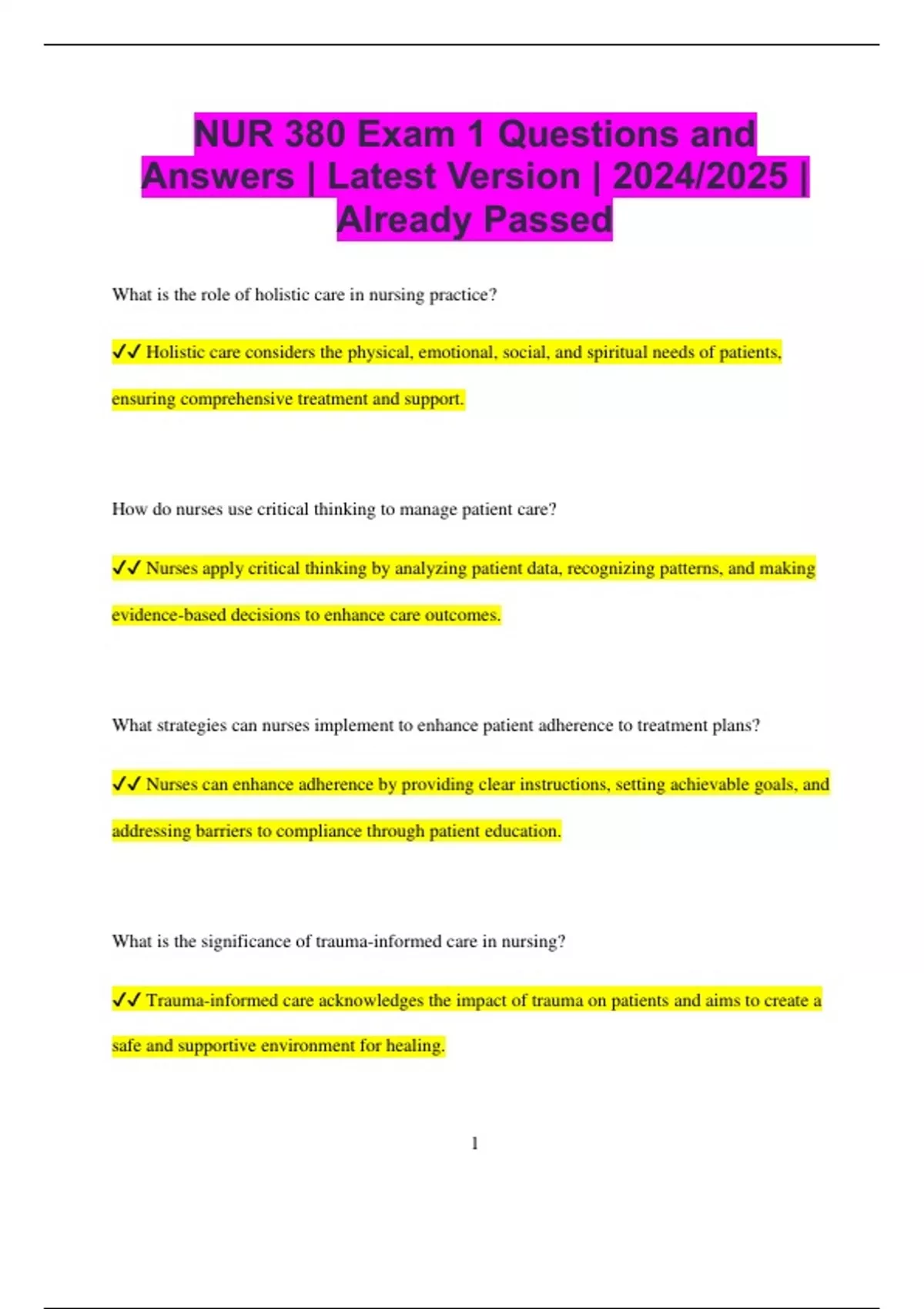 NUR 380 Exam 1 Questions and Answers | Latest Version | 2024/2025 ...