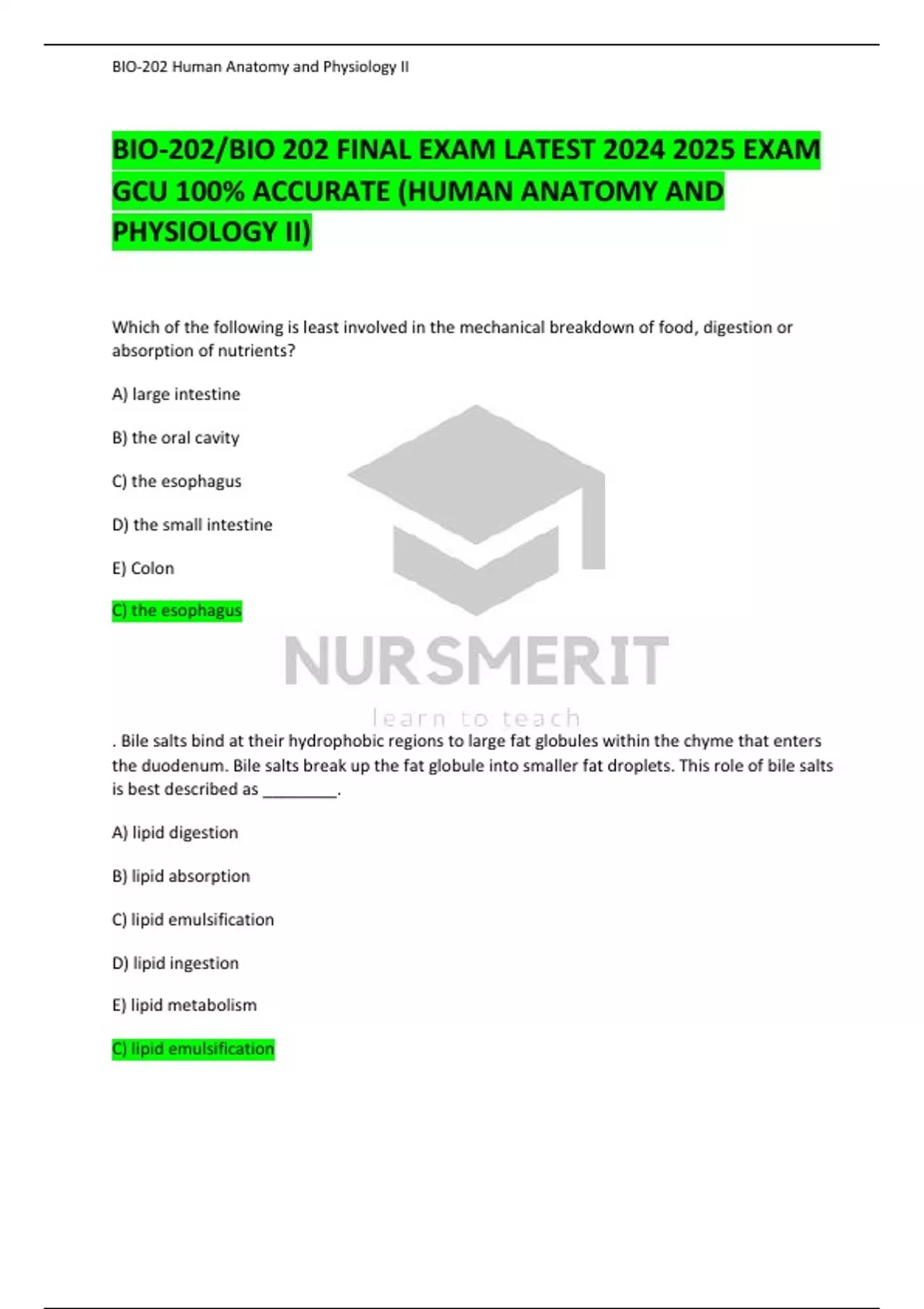 BIO-202/BIO 202 FINAL EXAM LATEST EXAM GCU 100% ACCURATE (HUMAN ANATOMY ...
