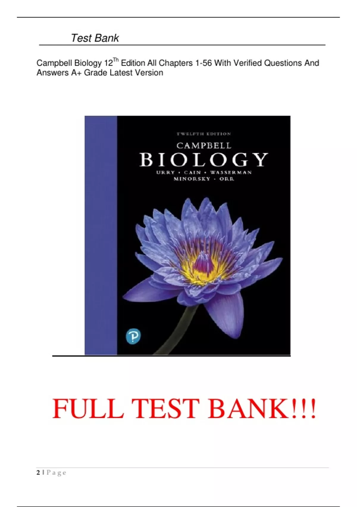 Test Bank for Campbell Biology 12th Edition ||All Chapters 1-56||Full ...
