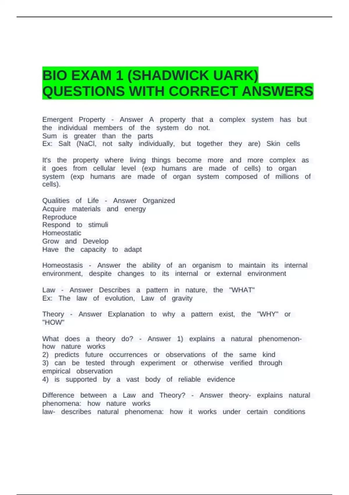 BIO EXAM 1 (SHADWICK UARK) QUESTIONS WITH CORRECT ANSWERS. - POB ...