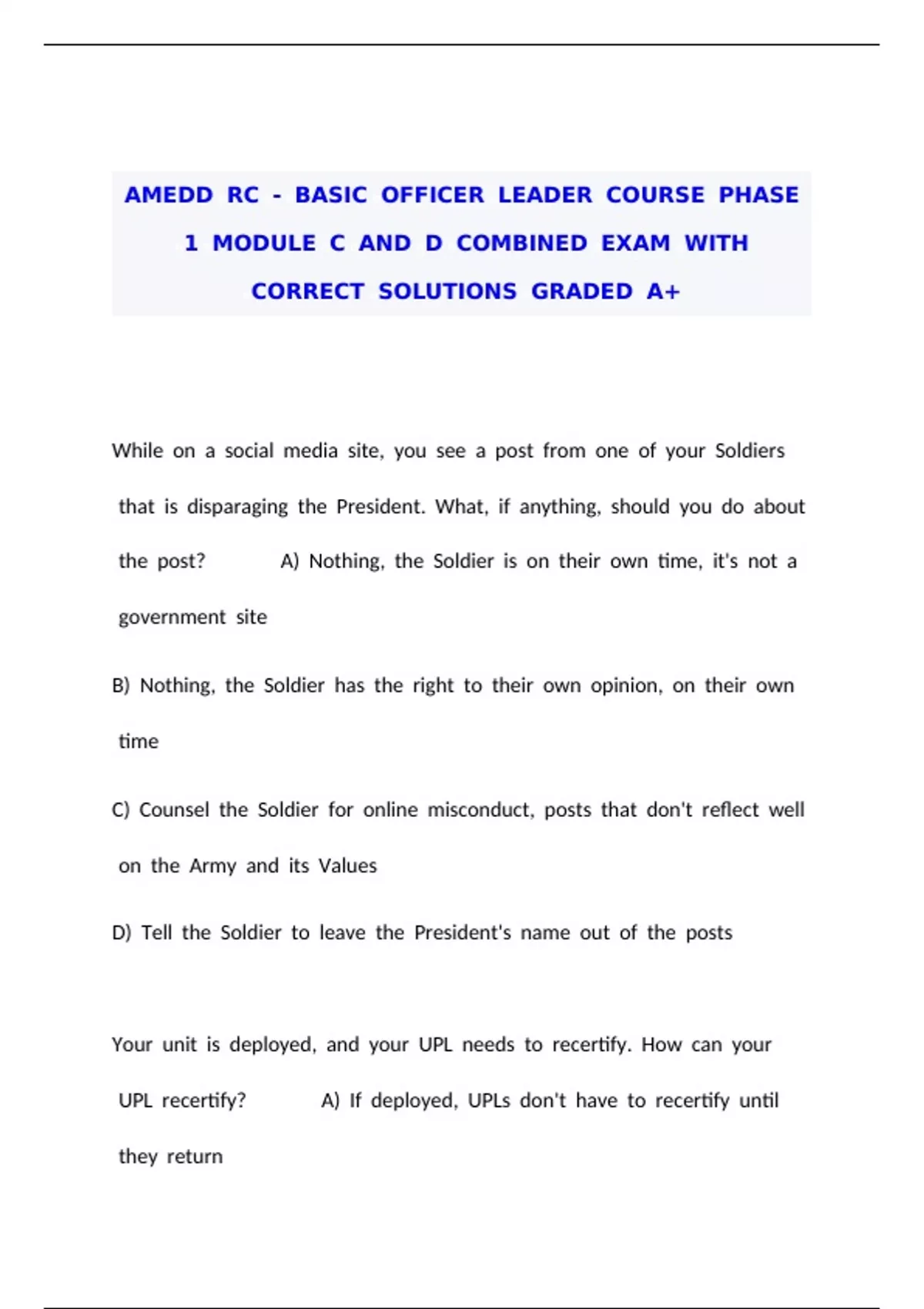 AMEDD RC - BASIC OFFICER LEADER COURSE PHASE 1 MODULE C AND D COMBINED ...