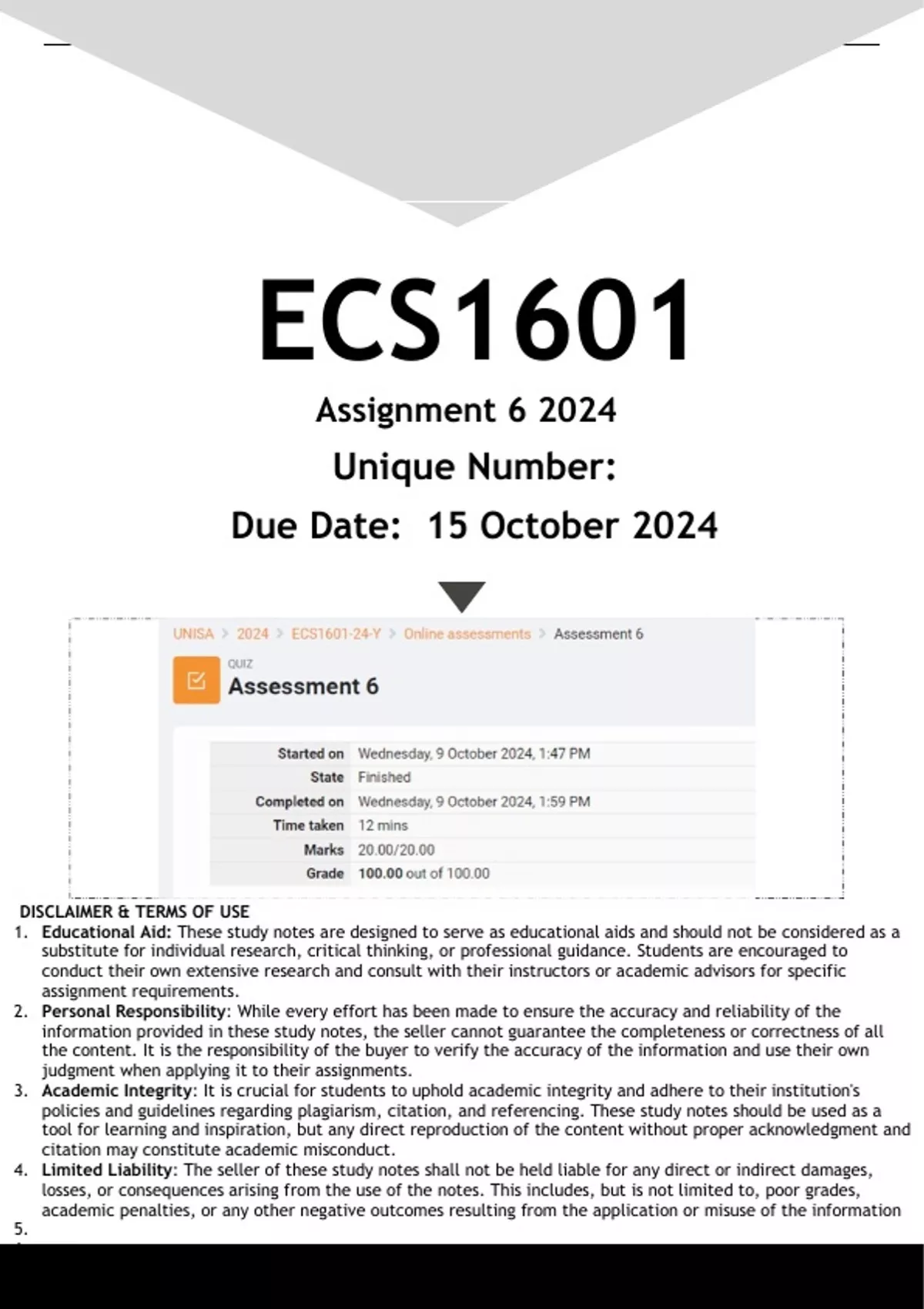 ECS1601 Assignment 6 (ANSWERS) 2024 - DISTINCTION GUARANTEED ...