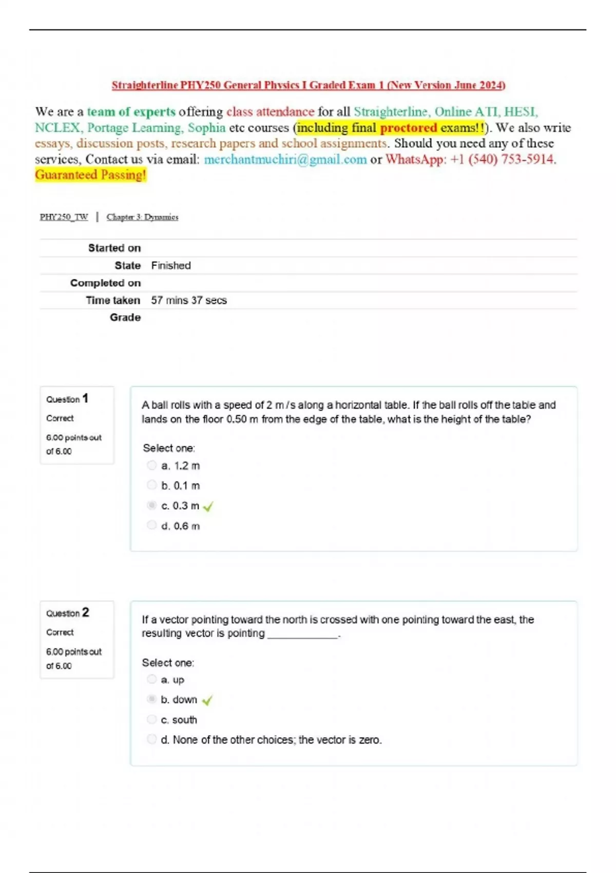 Straighterline PHY250 General Physics I Graded Exam 1 (New Version June ...