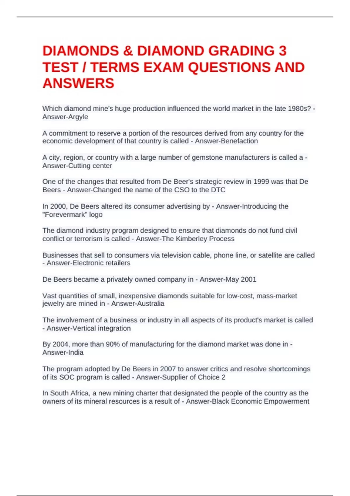 DIAMONDS & DIAMOND GRADING 3 TEST / TERMS EXAM QUESTIONS AND ANSWERS ...