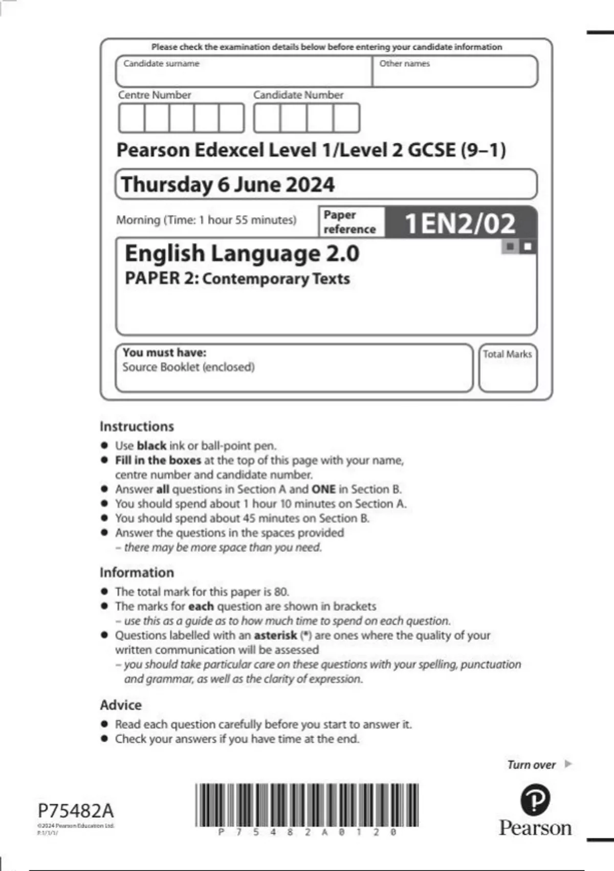 Pearson Edexcel Level 1/Level 2 GCSE (9–1) 1EN2/02 English Language 2.0 ...