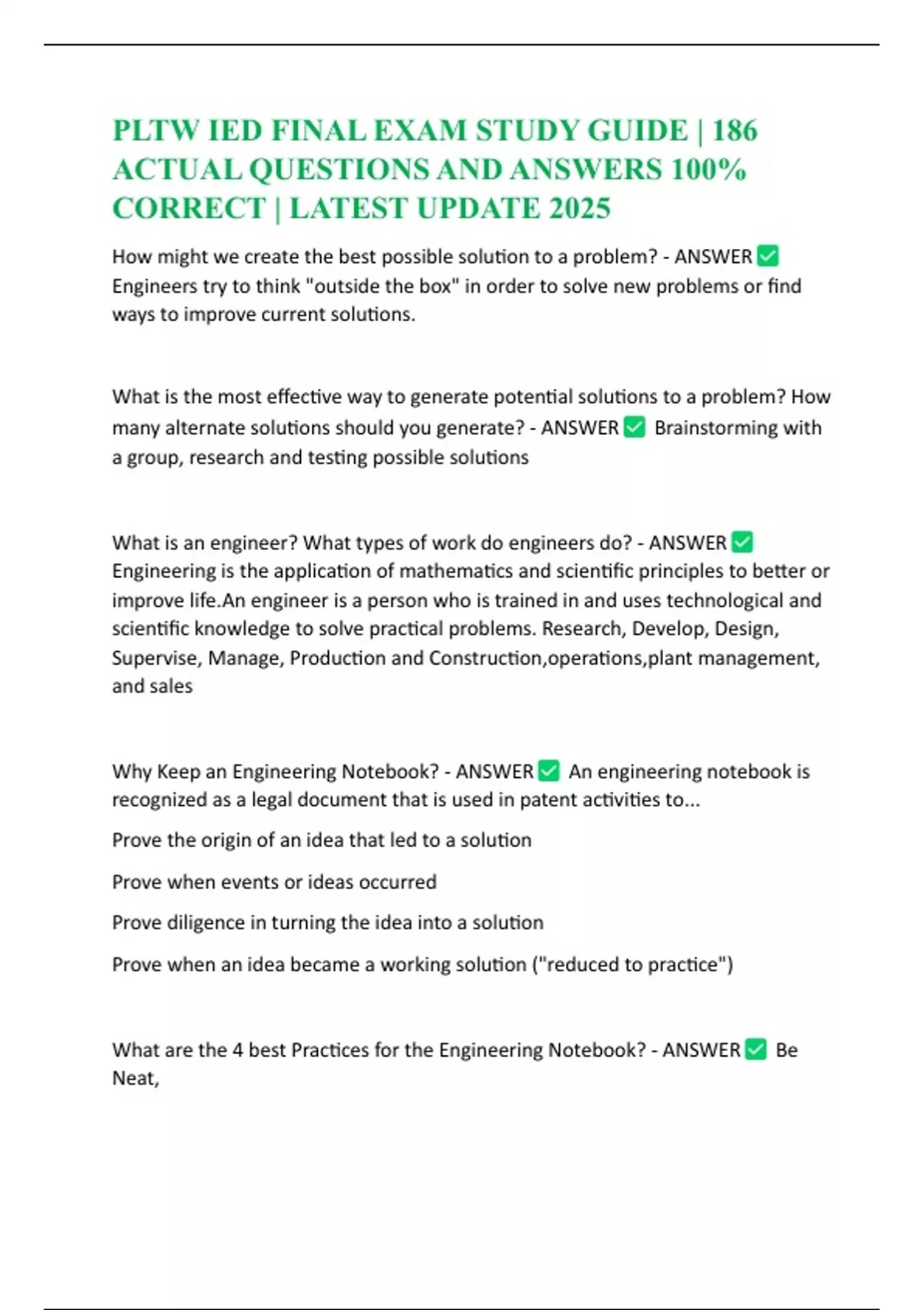 PLTW IED FINAL EXAM STUDY GUIDE | 186 ACTUAL QUESTIONS AND ANSWERS 100% ...