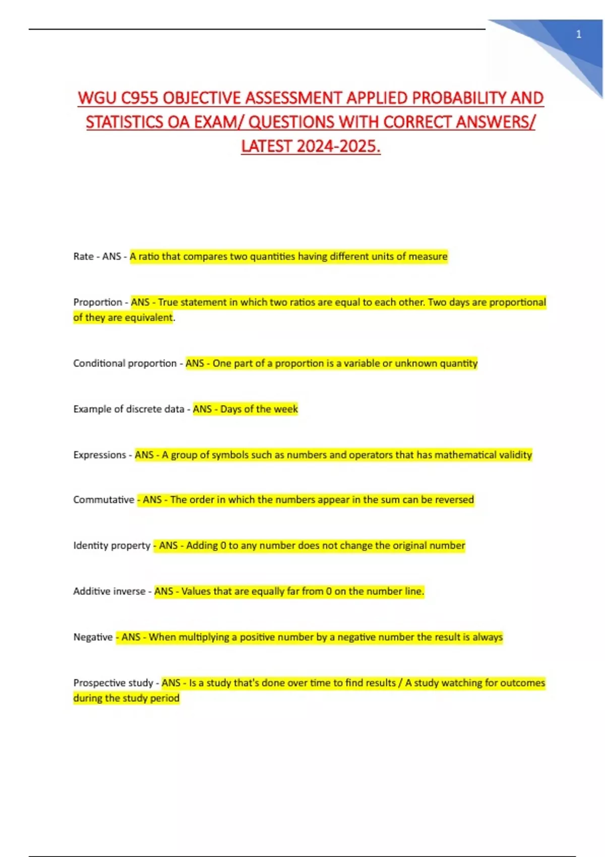 WGU C955 OBJECTIVE ASSESSMENT APPLIED PROBABILITY AND STATISTICS OA EXAM/ QUESTIONS WITH CORRECT ...