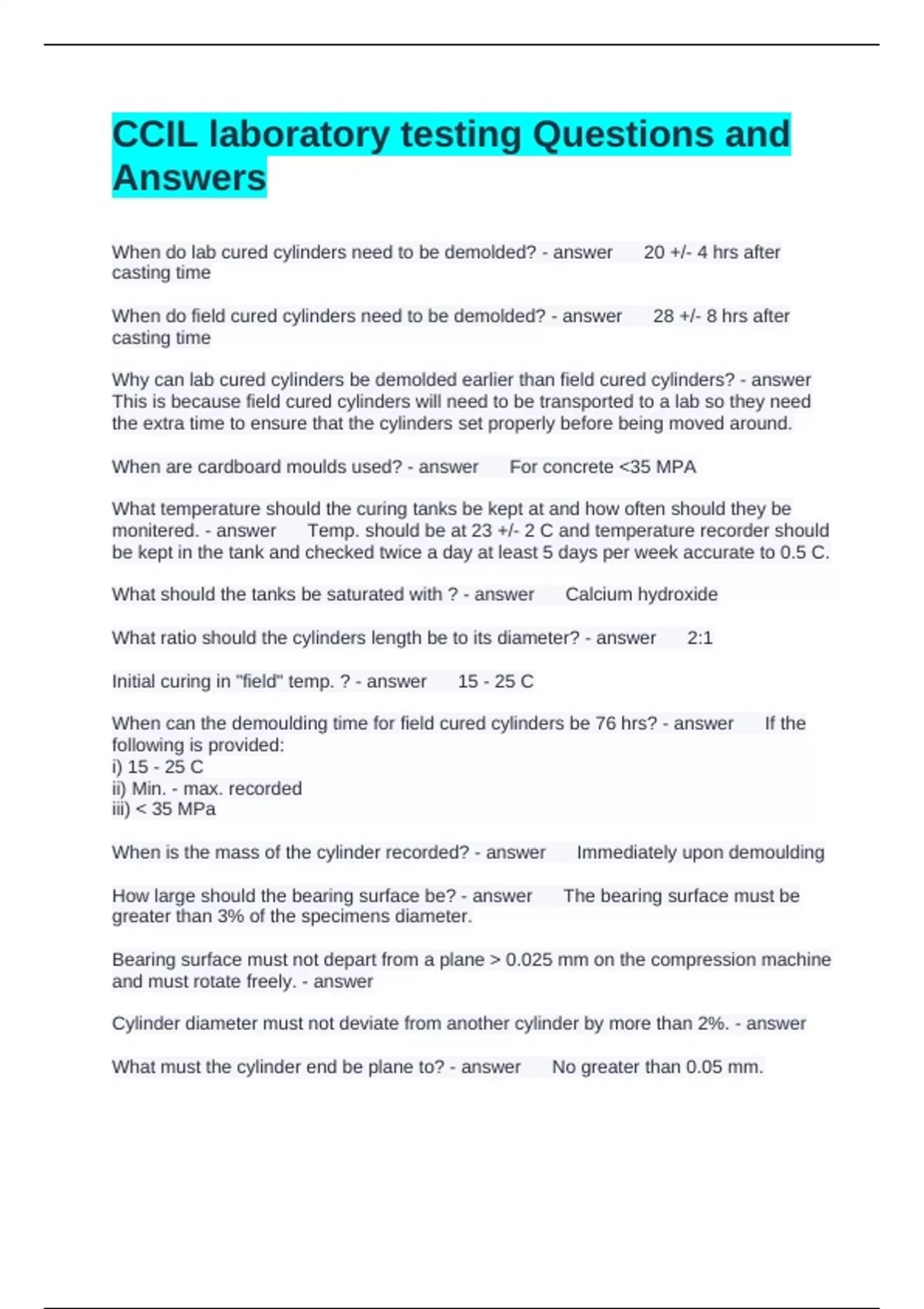 CCIL laboratory testing Questions and Answers - CCIL - Stuvia US