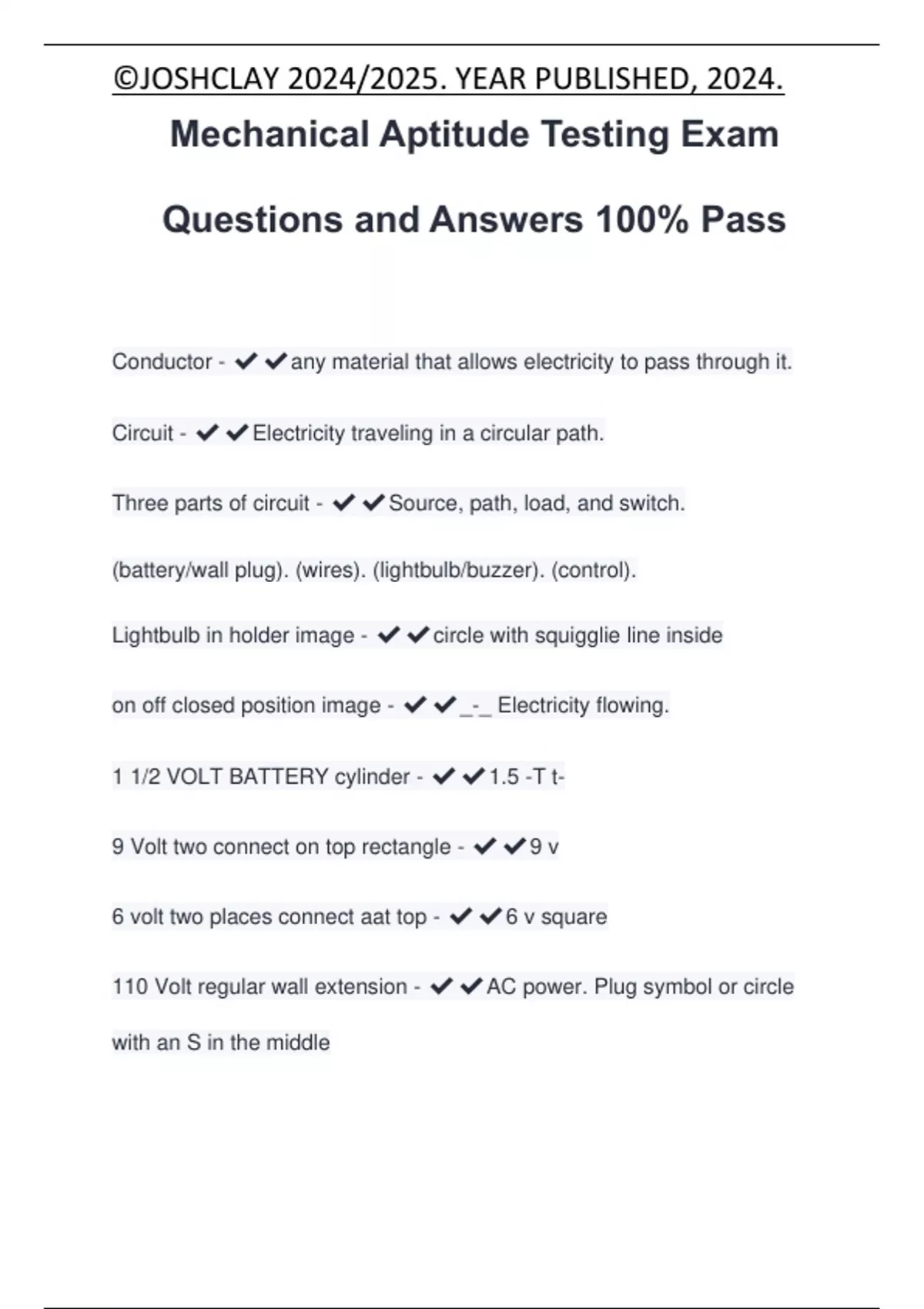 Mechanical Aptitude Testing Exam Questions and Answers 100% Pass ...