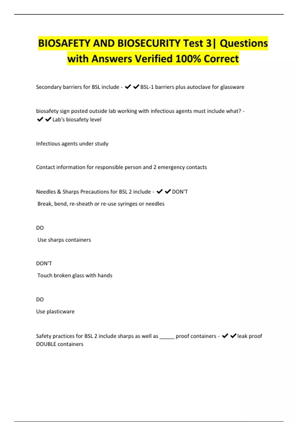 BIOSAFETY AND BIOSECURITY Test 3| Questions with Answers Verified 100% ...