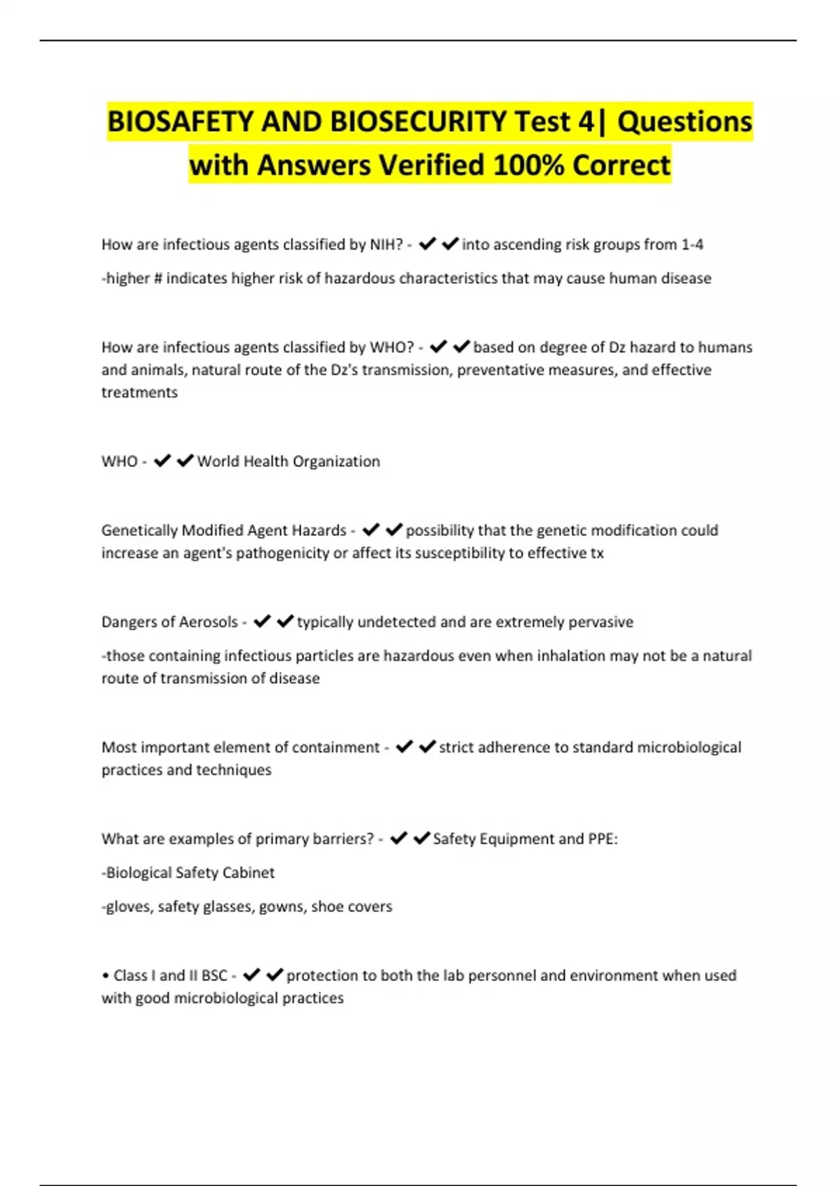 BIOSAFETY AND BIOSECURITY Test 4| Questions with Answers Verified 100% ...