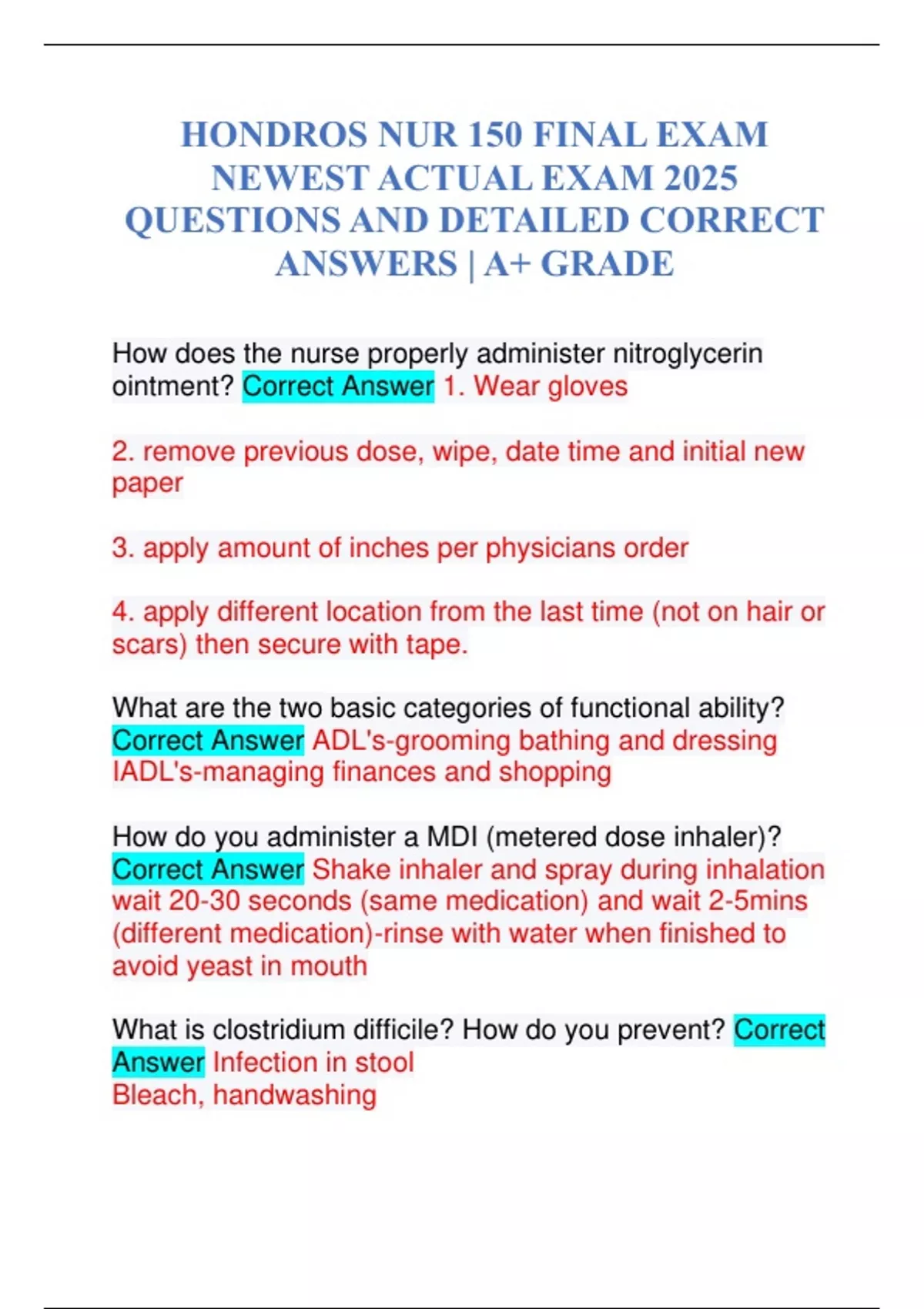 HONDROS NUR 150 FINAL EXAM NEWEST ACTUAL EXAM 2025 QUESTIONS AND DETAILED CORRECT ANSWERS | A+ ...
