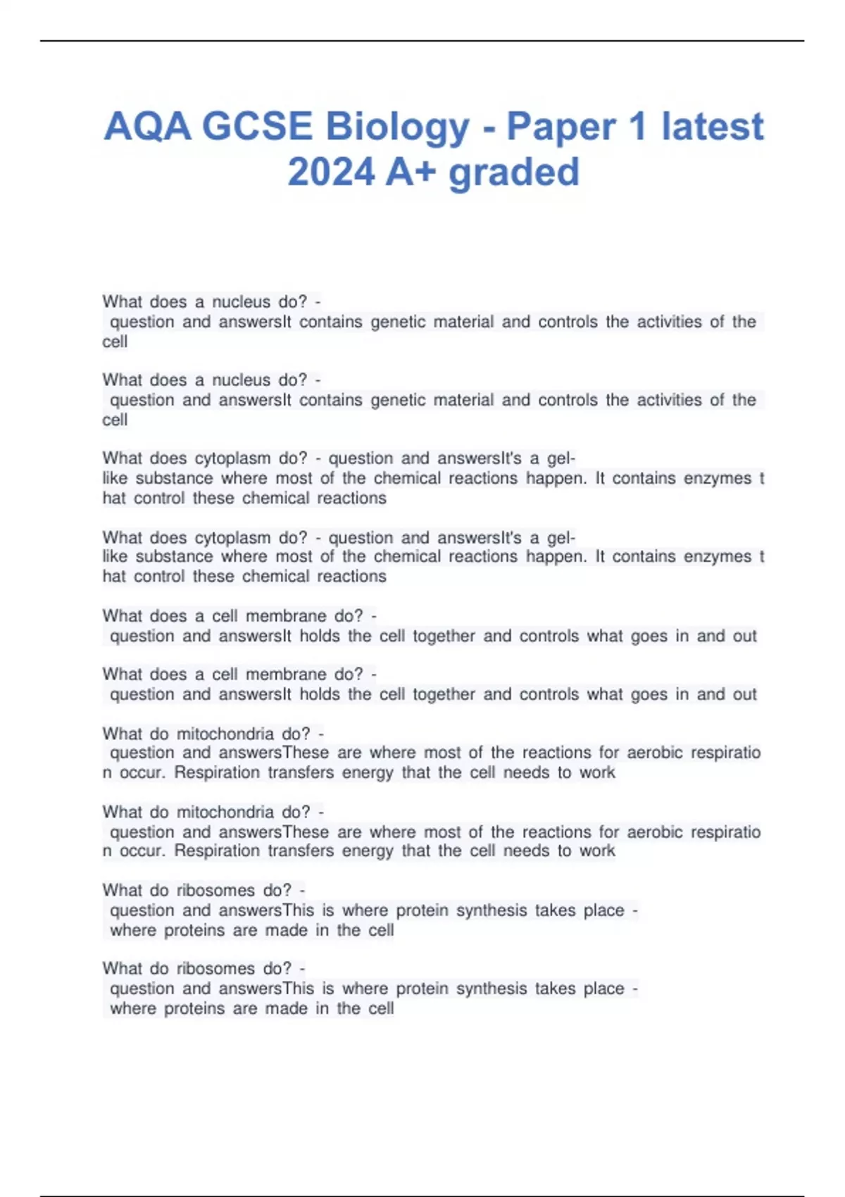 AQA GCSE Biology - Paper 1 latest 2024 A+ graded - AQA GCSE Biology ...