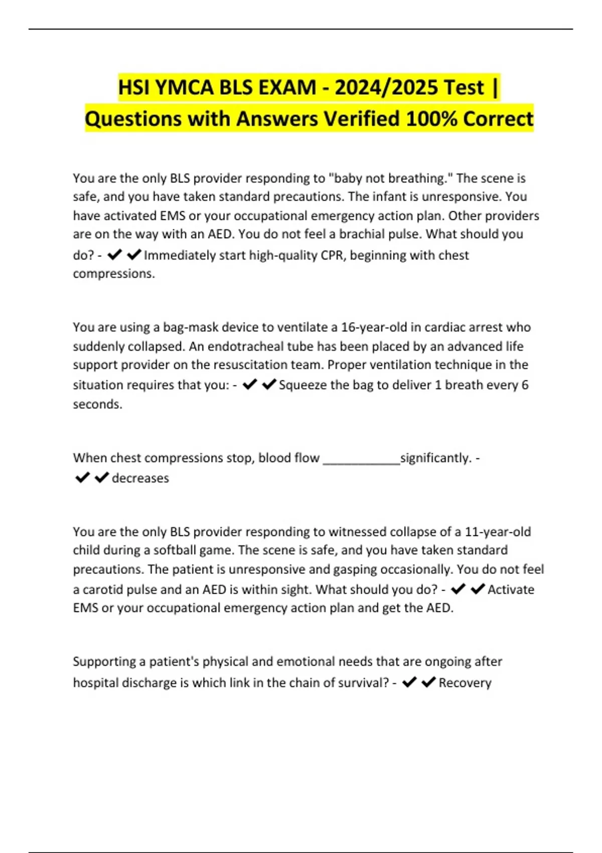 HSI YMCA BLS EXAM - 2024/2025 Test | Questions with Answers Verified ...