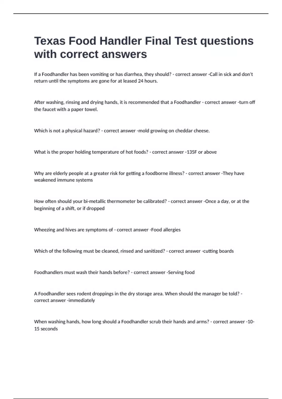 Texas Food Handler Final Test questions with correct answers - Texas ...