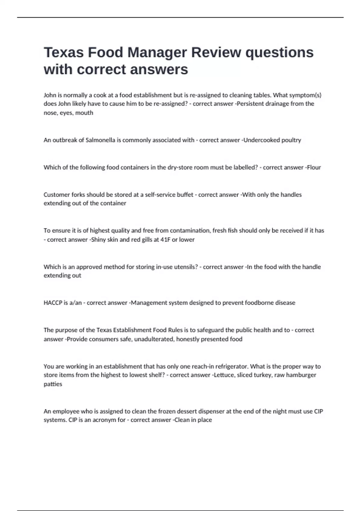 Texas Food Manager Review questions with correct answers - Texas Food ...