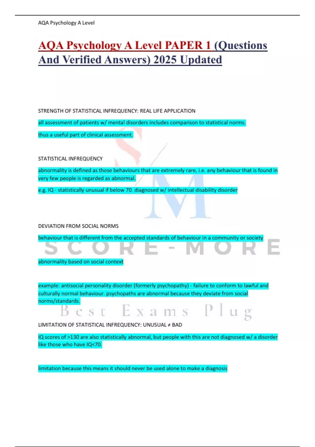AQA Psychology A Level PAPER 1 (Questions And Verified Answers) 2025 ...