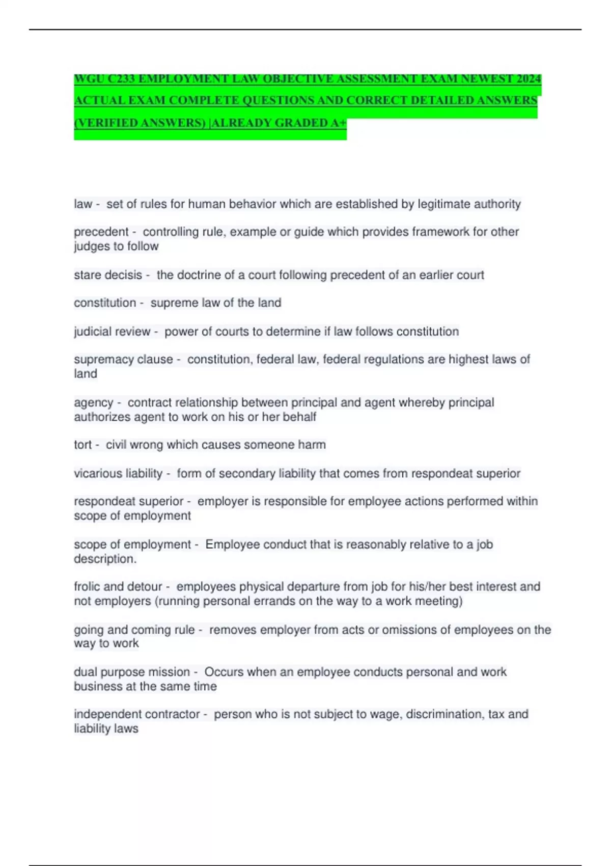 WGU C233 EMPLOYMENT LAW OBJECTIVE ASSESSMENT EXAM NEWEST 2024 ACTUAL ...